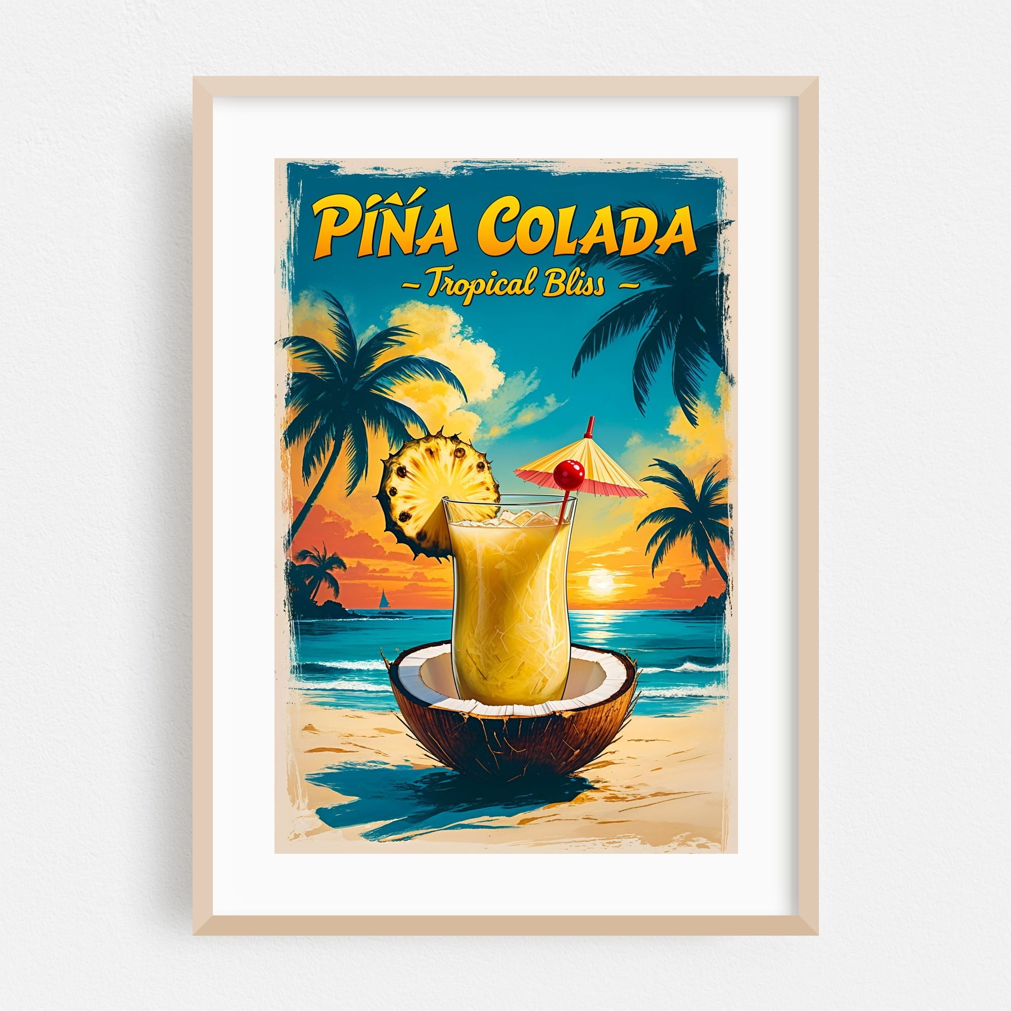 Piña Colada Cocktail Poster: Vintage Tropical Bliss - Illustration ...