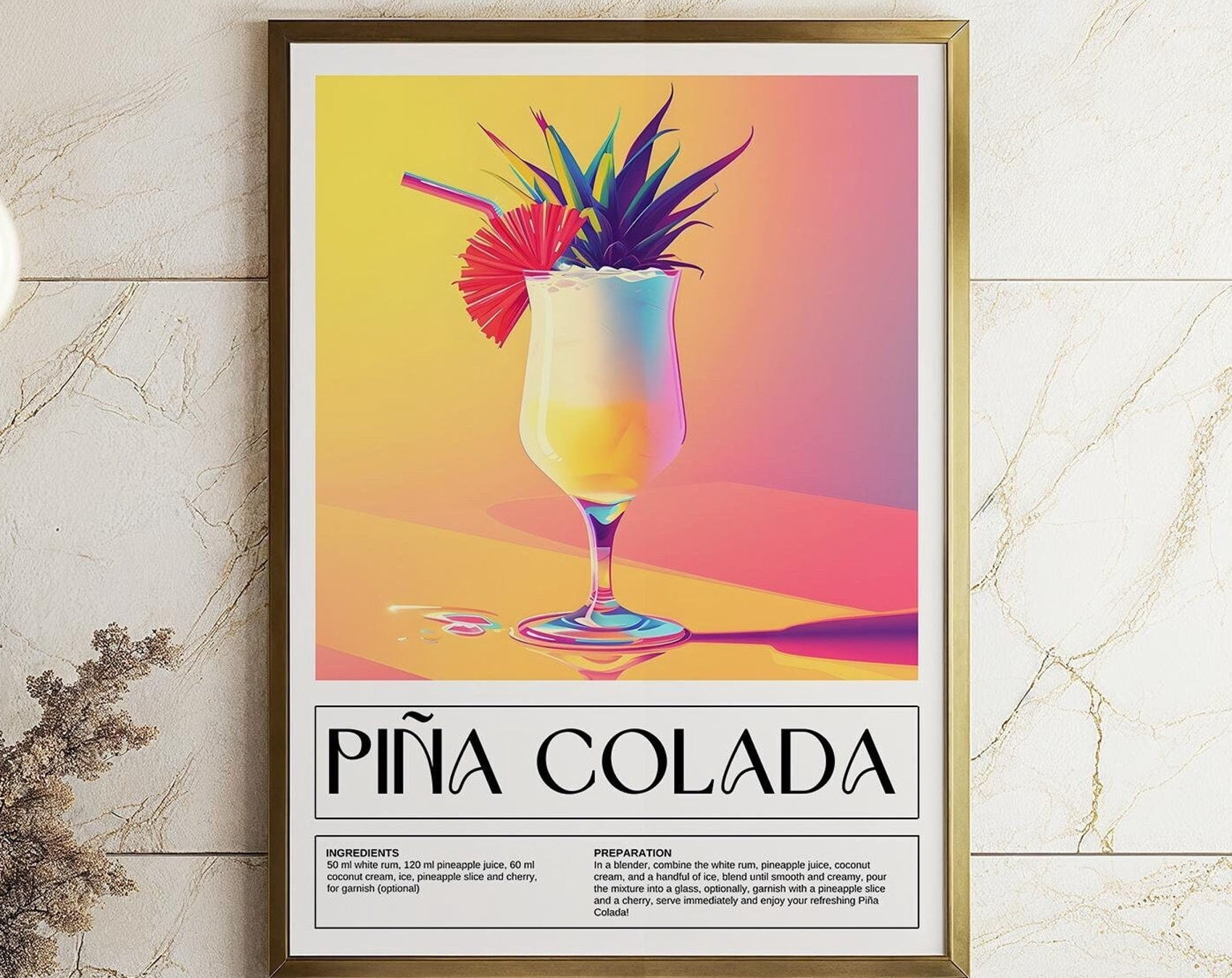 Piña Colada Recipe Art Print Tropical Drink Wall Art for Kitchen Bar ...
