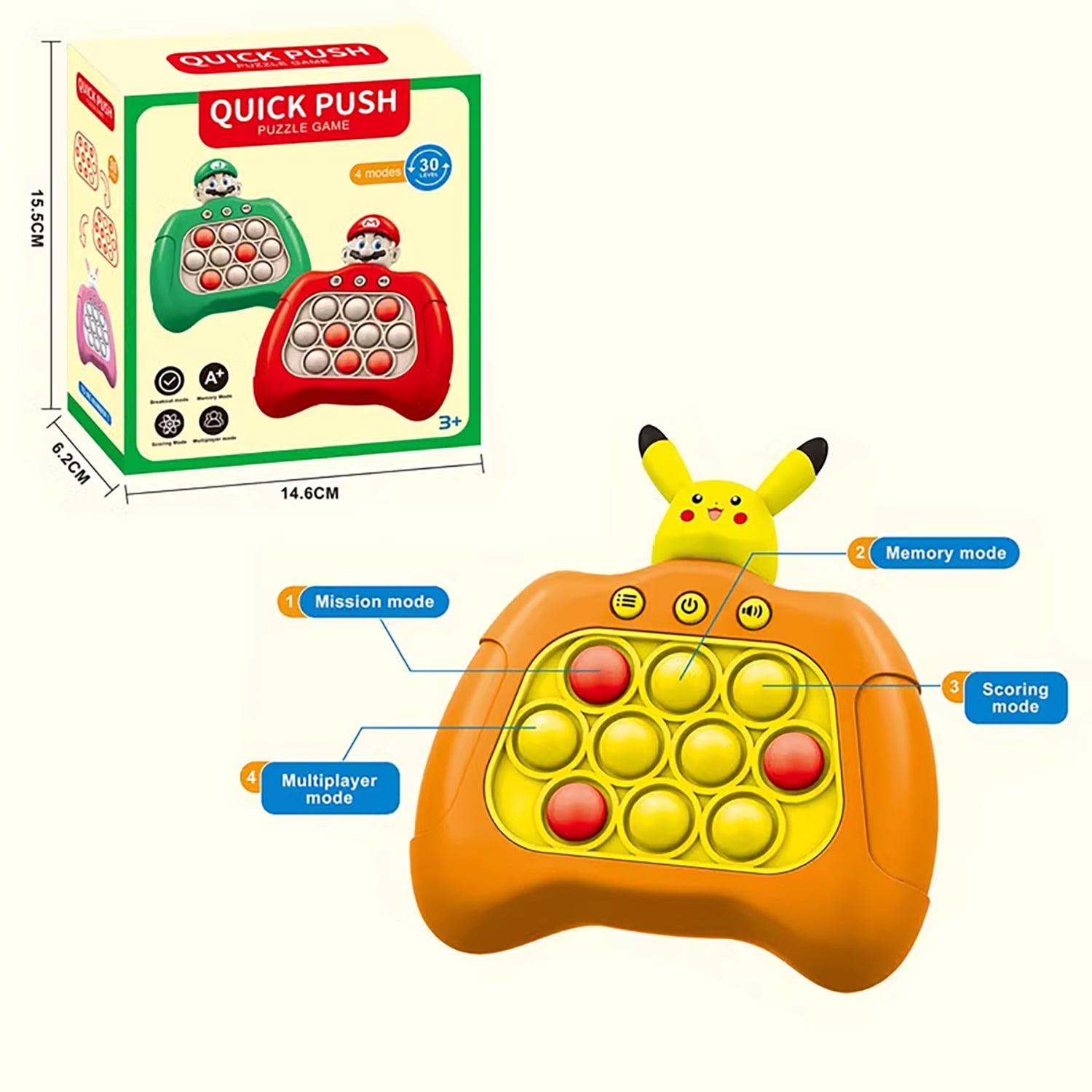 Pi-kachu Fast Push Game, Cute Anime Pop Fidget Light Up Bubble Handheld ...
