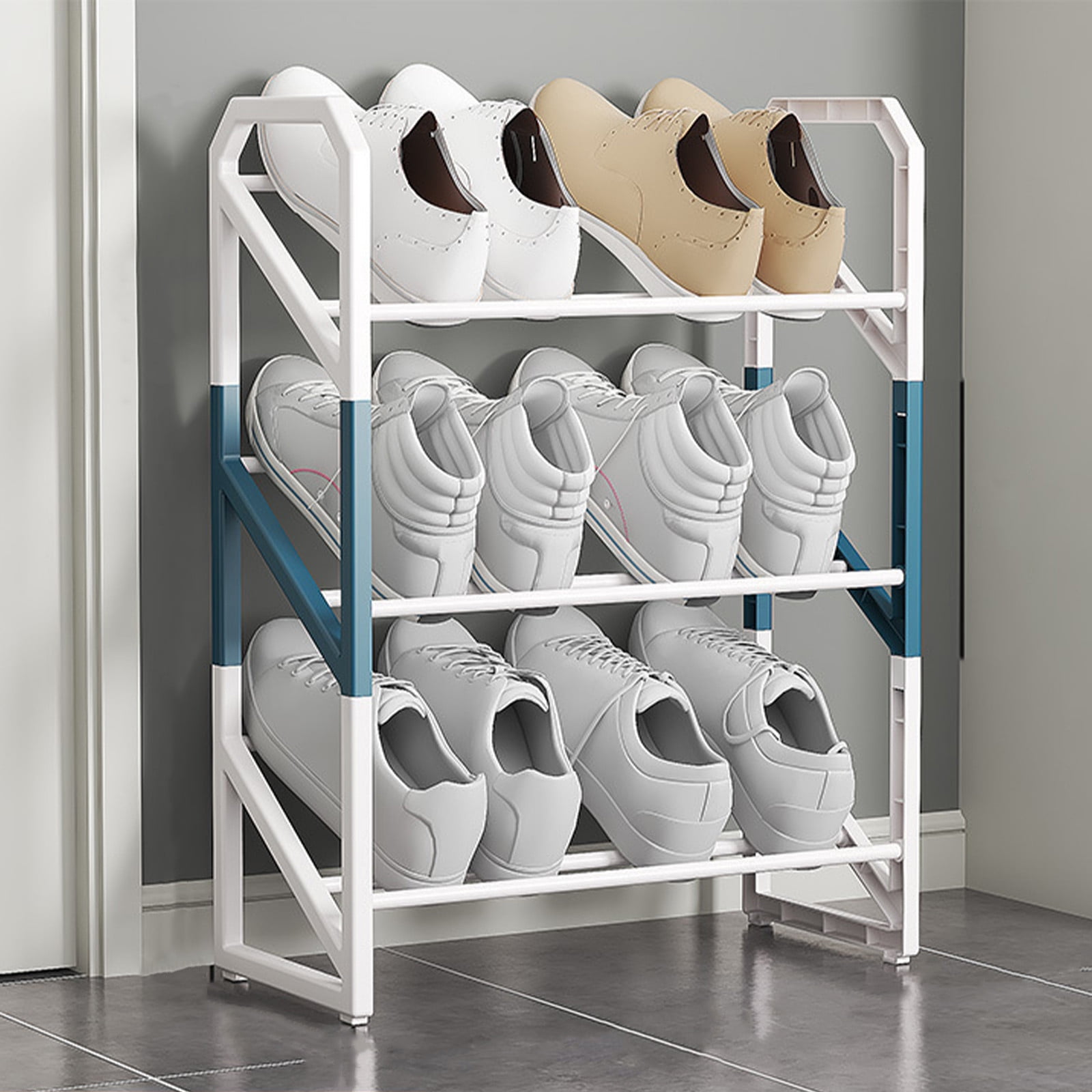 PiGOGI Blue Small Shoe Rack for Closet 3-Tier Metal Shelves Organizer ...