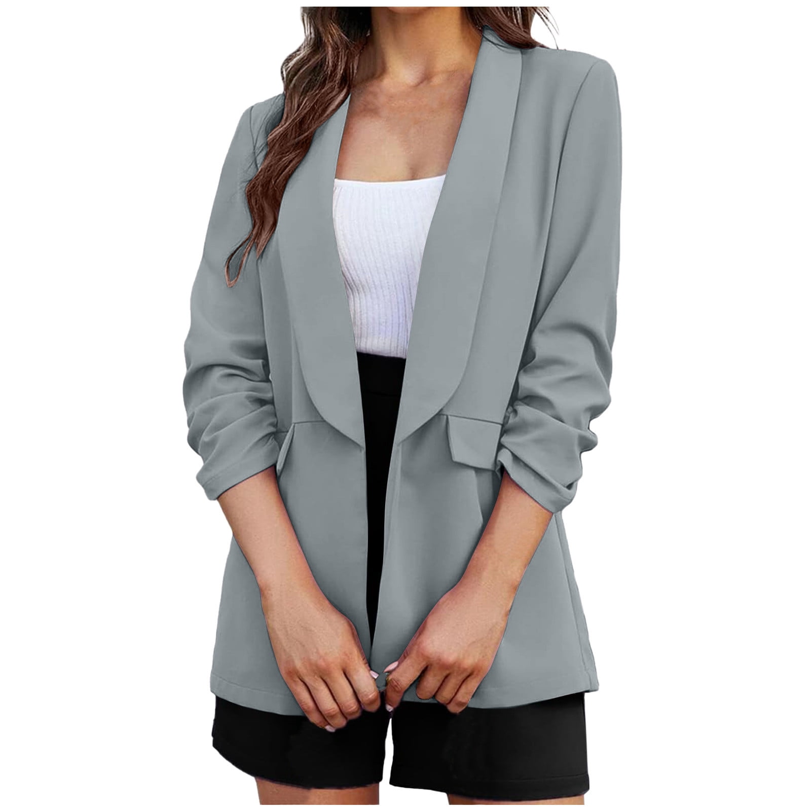 PiGOGI Women's 7/4 Cuff Fold Buckle Suit Coat - Long Sleeve Casual ...