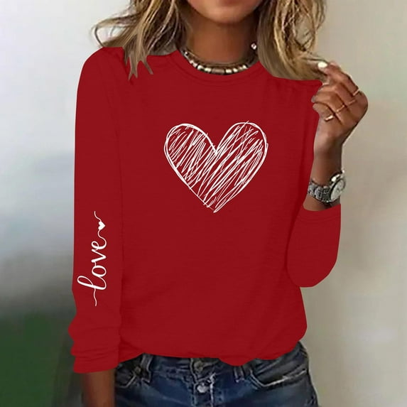 PiGOGI Women's Long Sleeve Round Neck Pullover Casual Printed Valentine ...