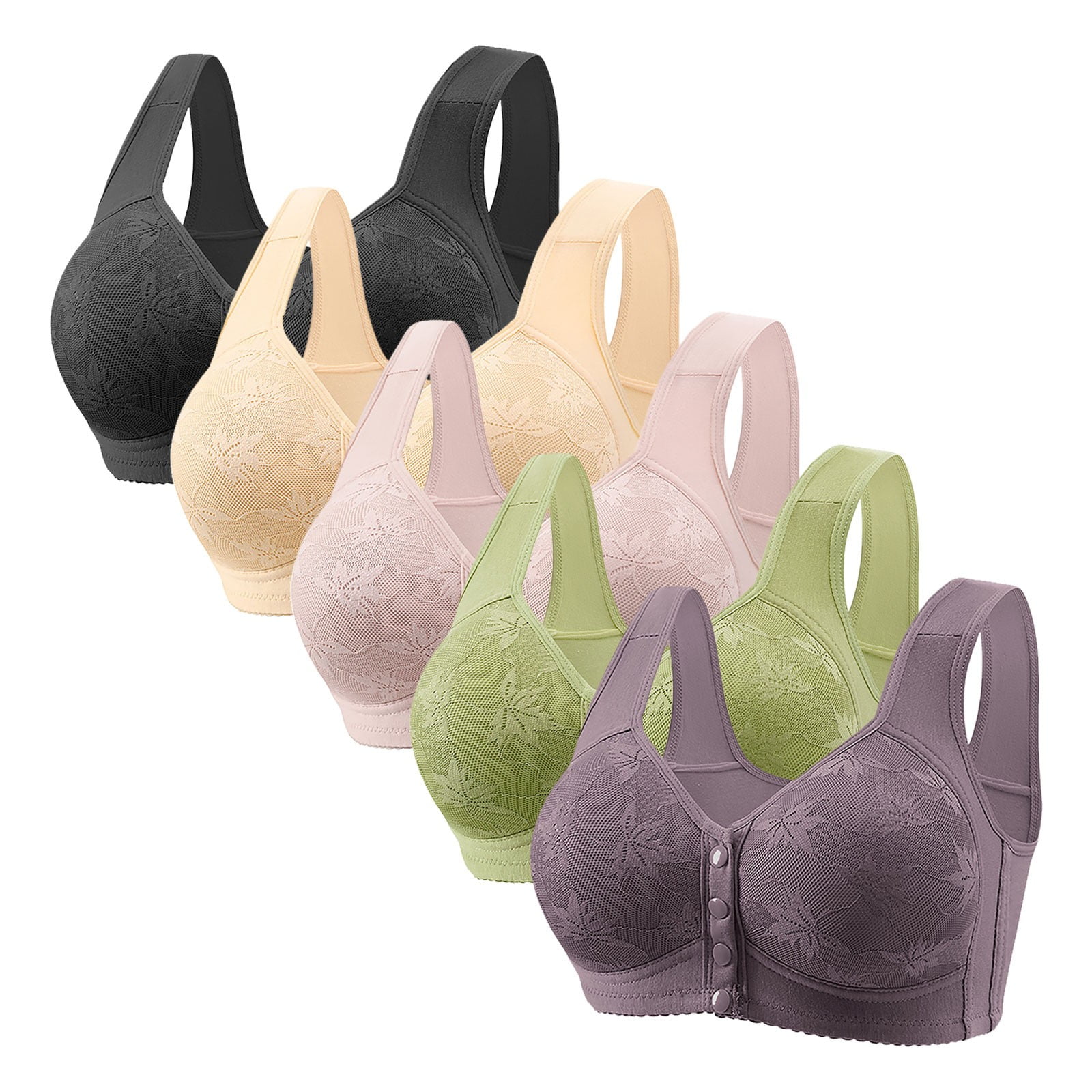 PiGOGI Women's Sexy Lace Bra with Adjustable Straps, Thin Cup, Non-Magnetic, Non-Steel, 5PC Set ...