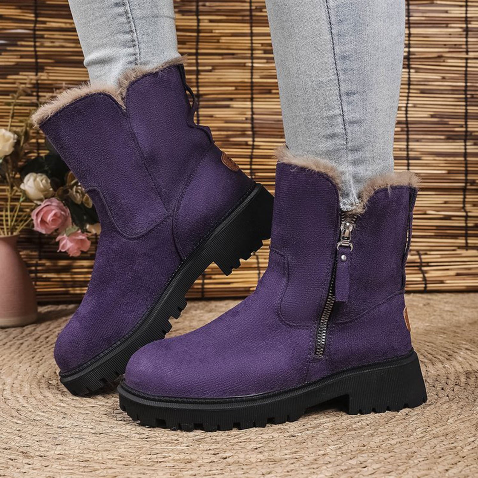 PiGOGI Women's Winter Boots Thickened Velvet Mid-Calf Snow Boots Warm ...