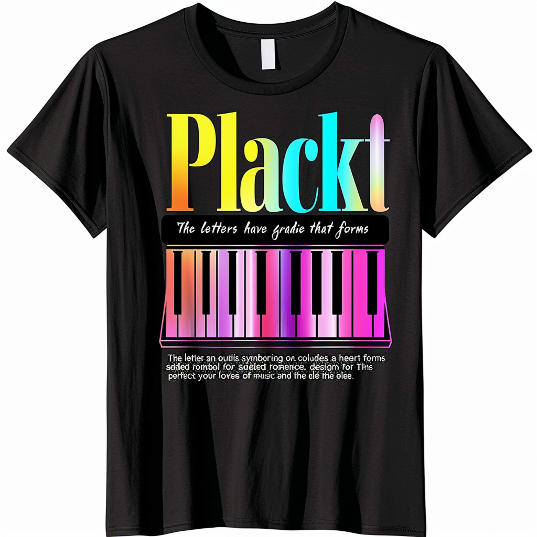 Piano Girl Black TShirt: Colorful gradient lettering with piano key ...