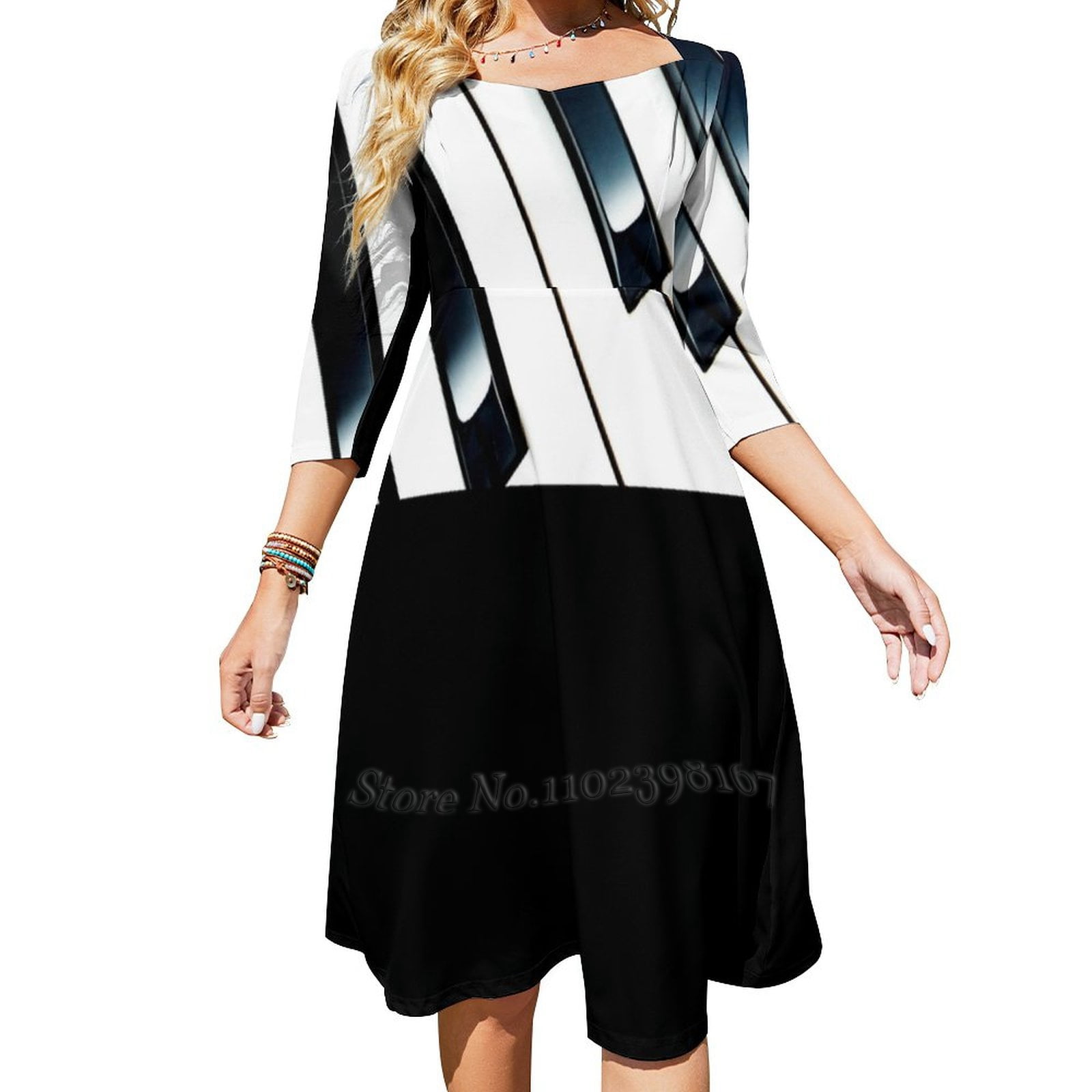 Piano Keyboard Sweet Elegant Dress Women Korean Kawaii Square Collar ...