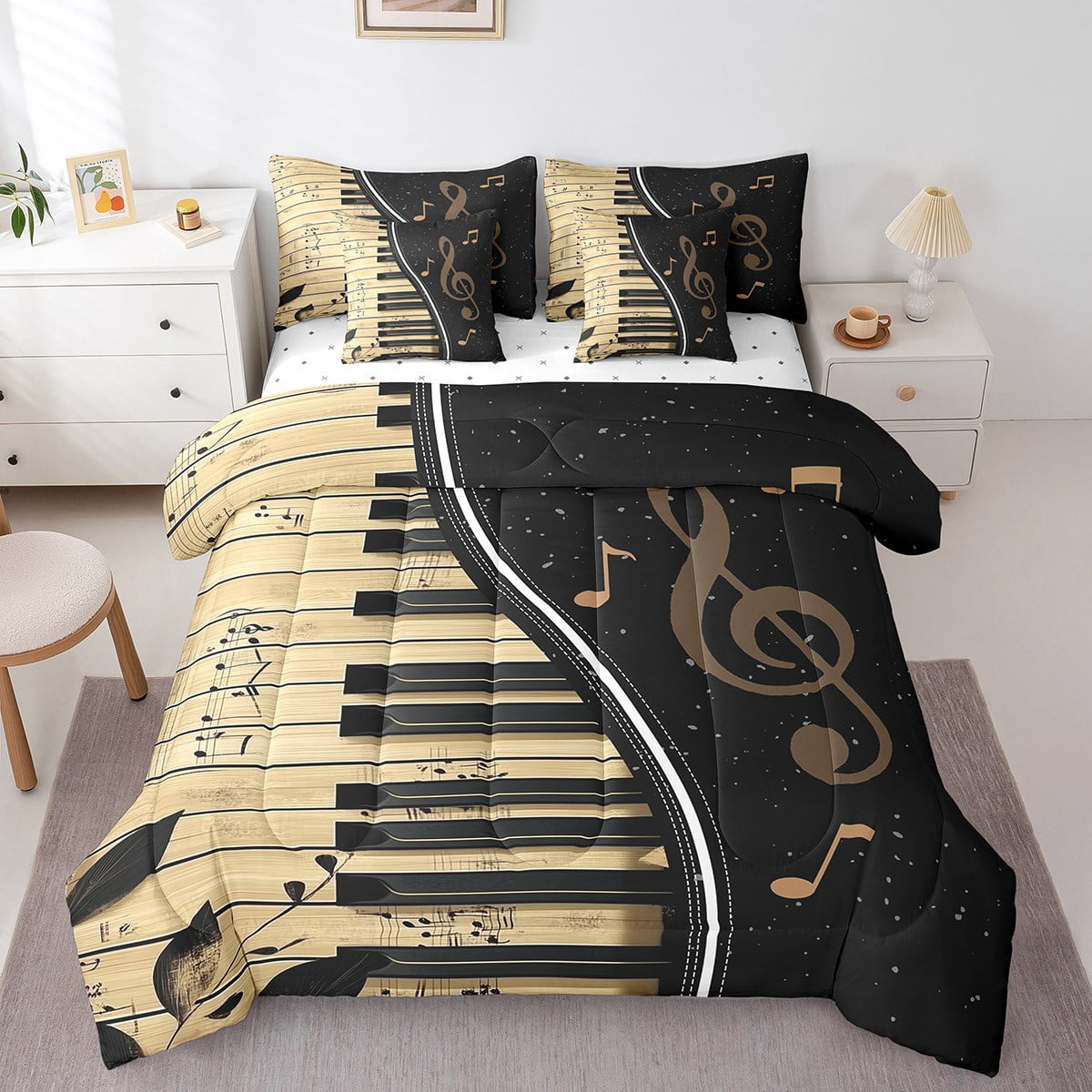 Piano Keys 7Pcs Comforter Set Twin,Music Notes Bedding Set Teens Woman ...