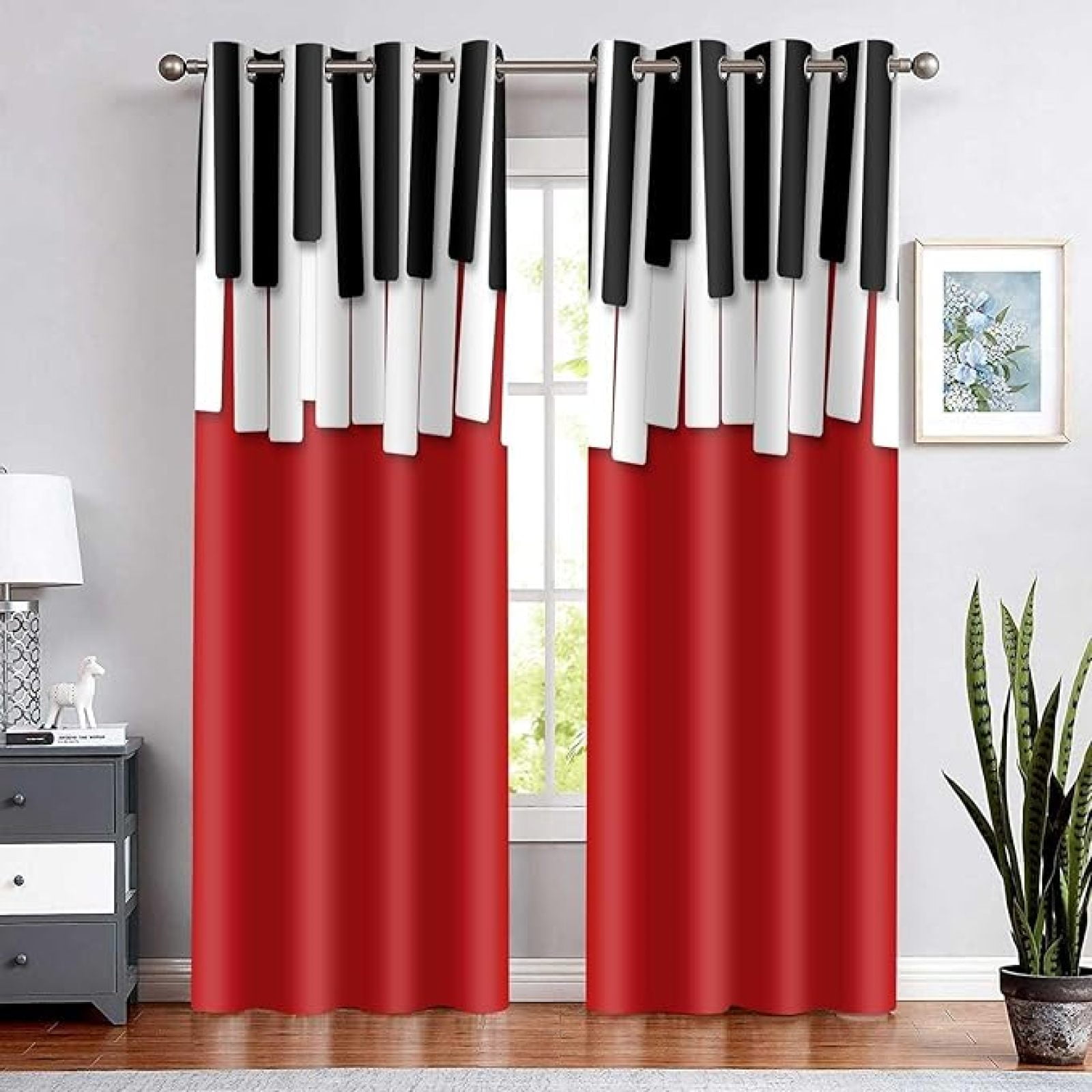 Piano Keys Print Curtain, Red Abstract Stripes Blackout Window Curtain ...