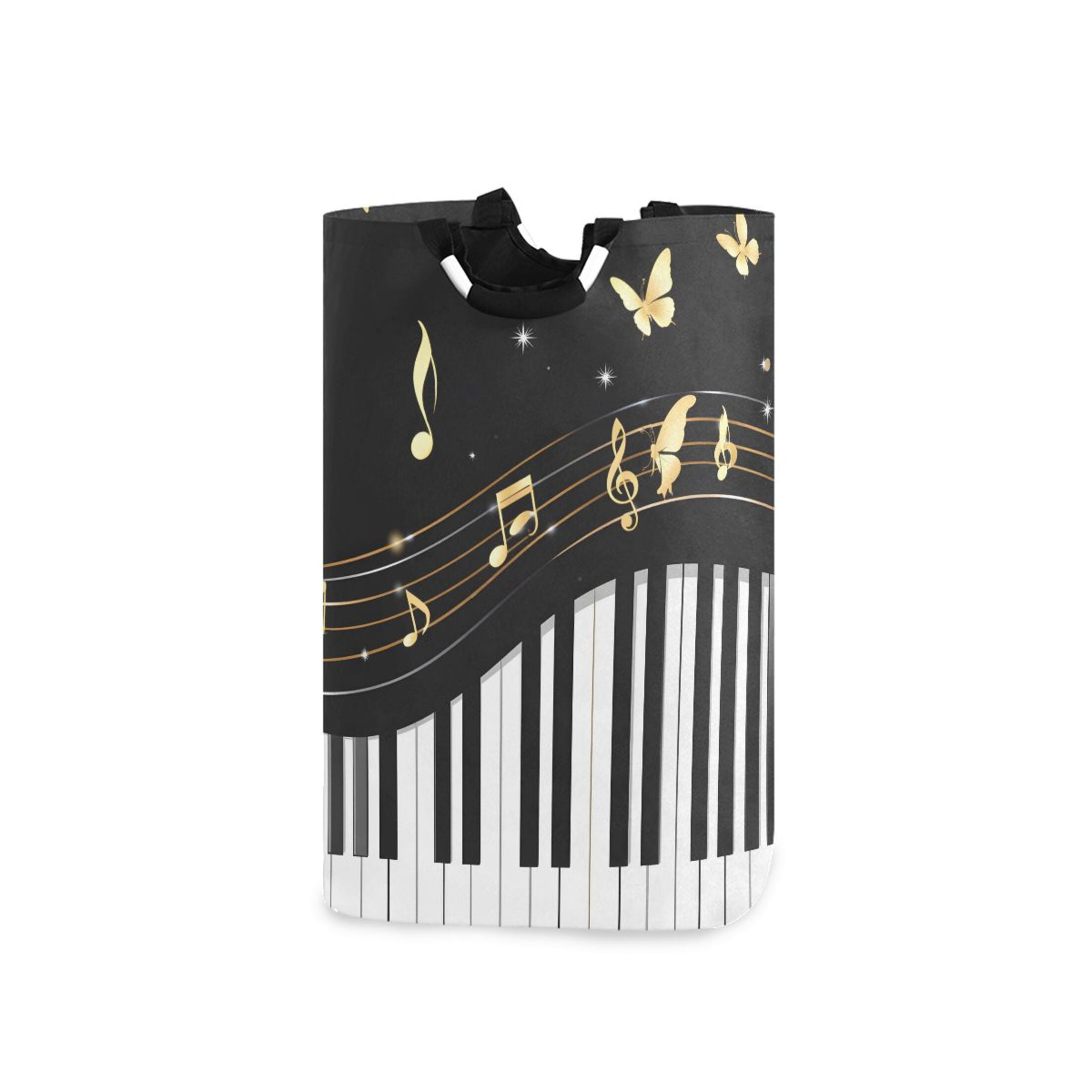 Piano Keys Stave Notes Butterfly Laundry Basket with Handles Foldable ...