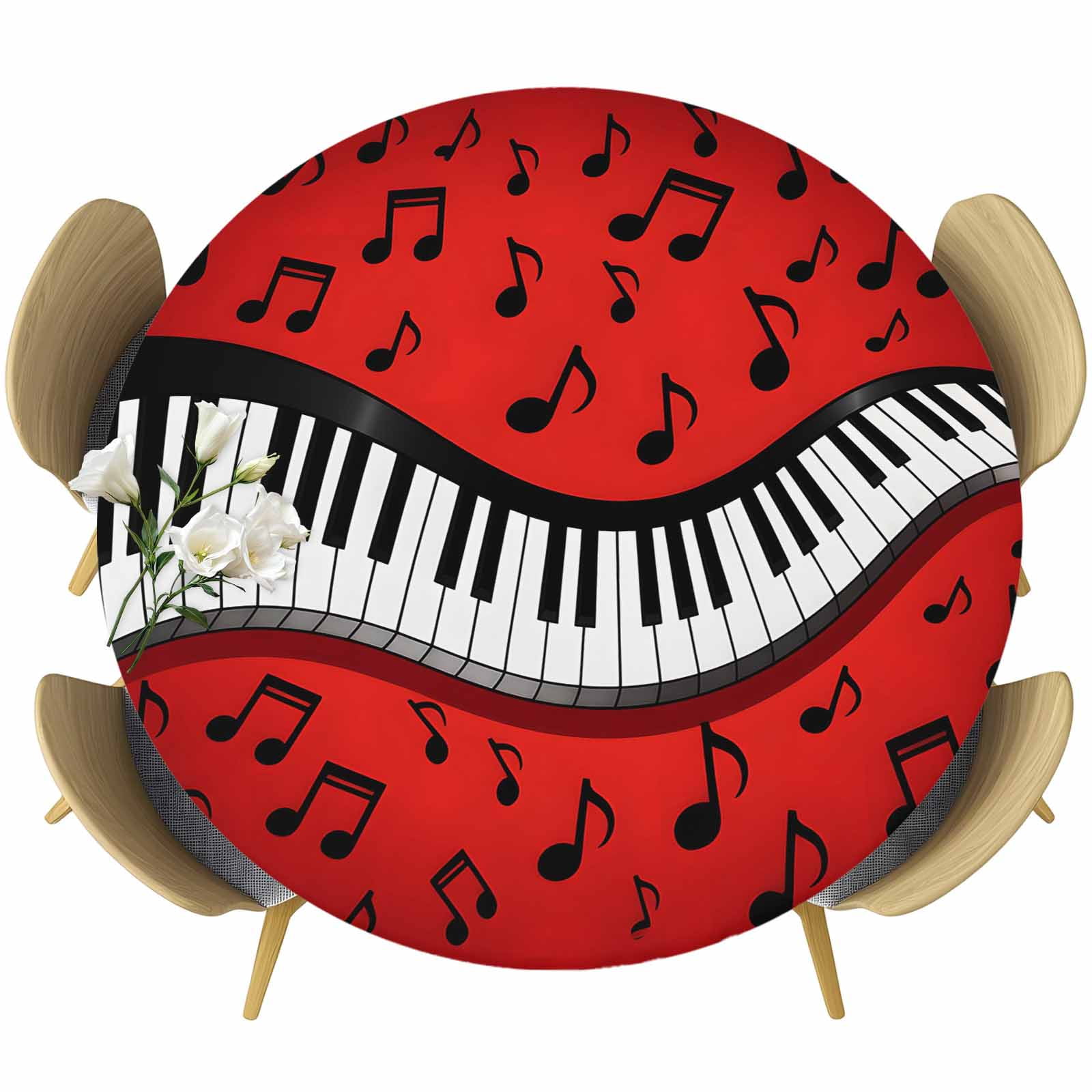 Piano Music Note Round Fitted Tablecloth with Elastic Edge, Abstract ...