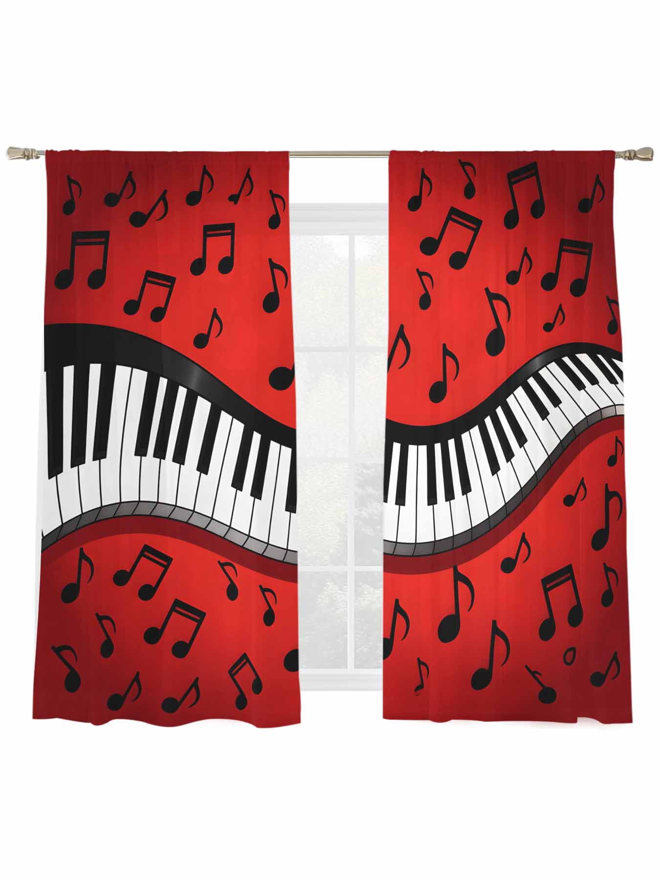 Piano Music Note Sheer Curtains 2 Panels Set Abstract Black White Piano ...