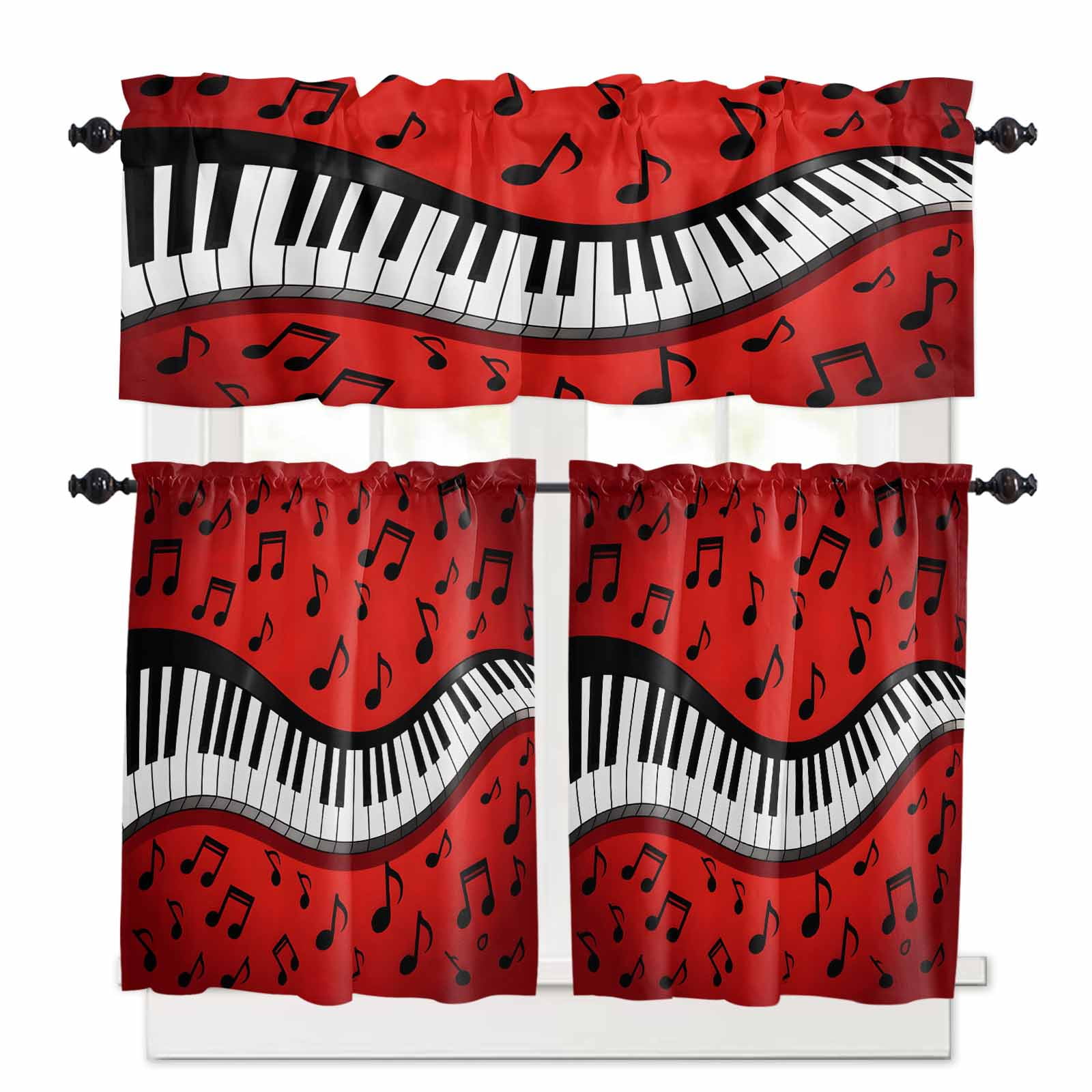Piano Music Note Window Curtains Valance Set of 3 Abstract Black White ...