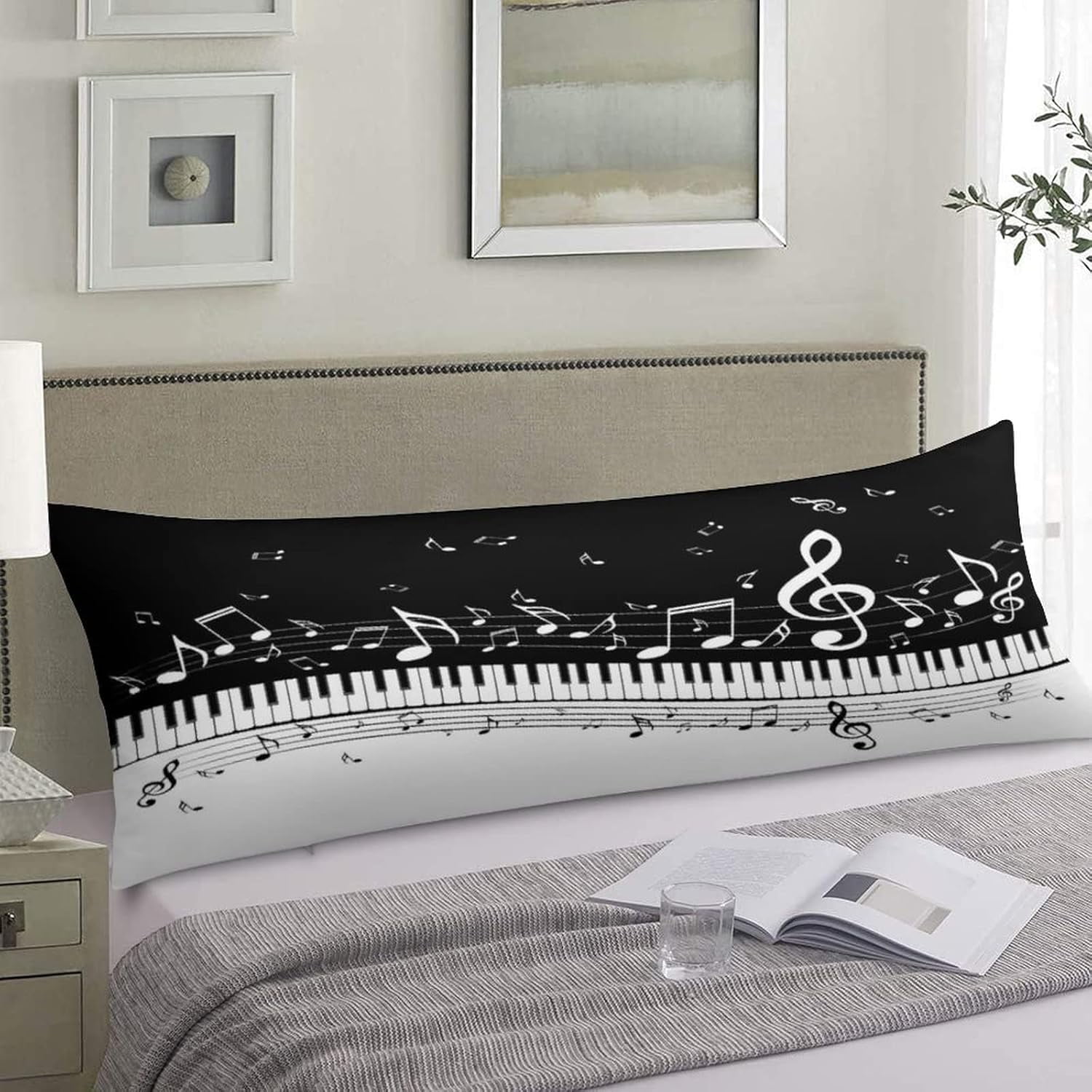Piano Music Notes Body Pillow Cover Black White Musical Note Piano ...