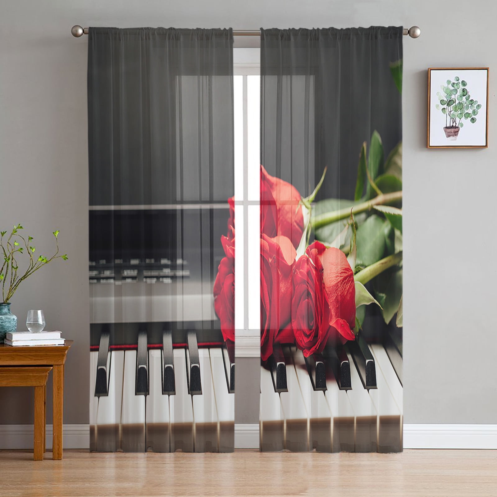 Piano Music Red Rose Flower Sheer Curtains for Living Room ration ...