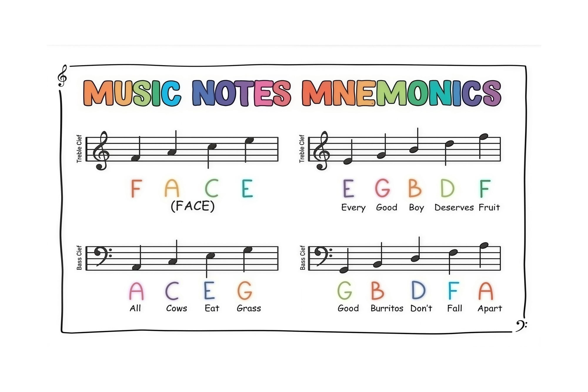 Piano Notes Learning Chart Treble Bass Clef Mnemonics Cheat Sheet ...