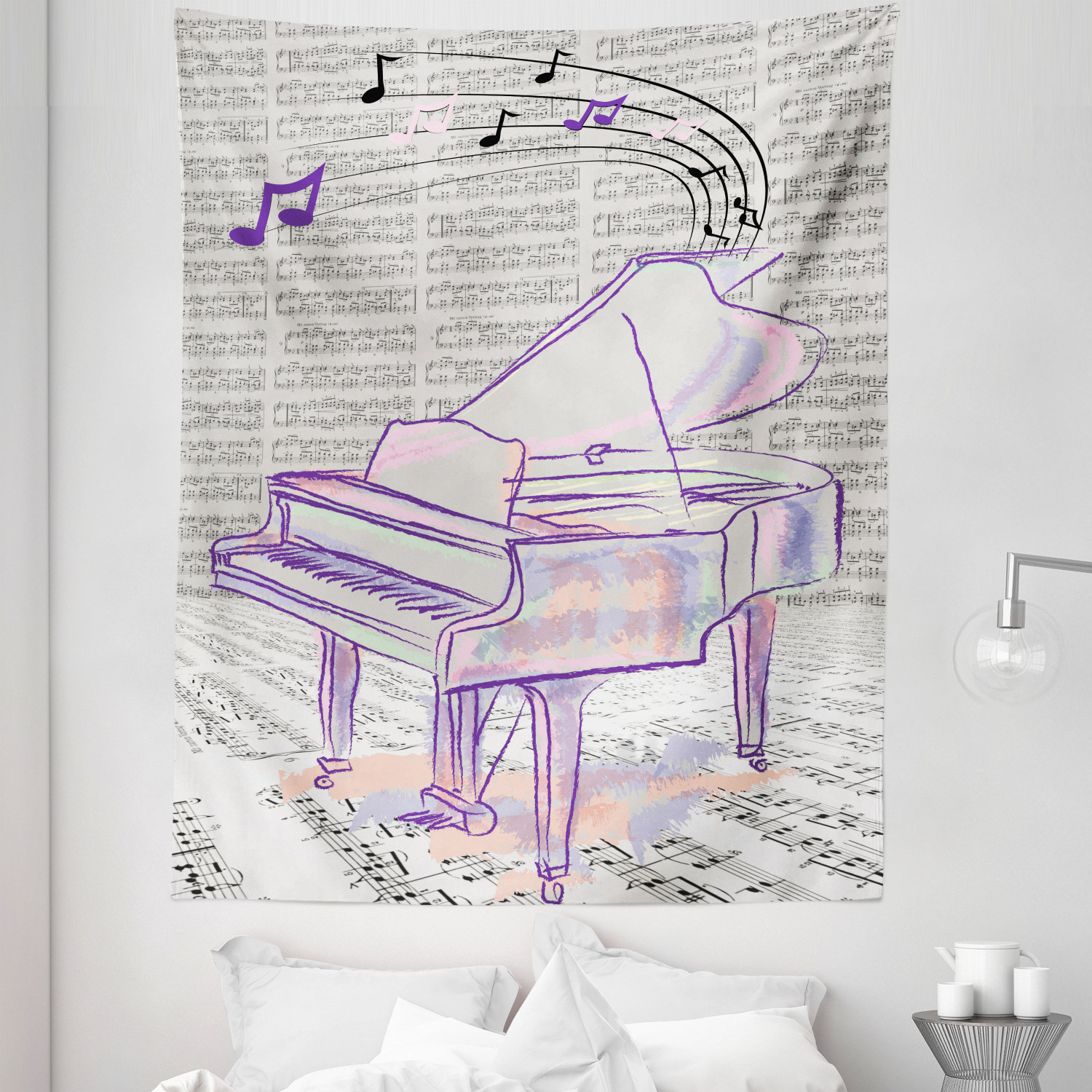 Piano Tapestry, Music Notes Design Abstract Art Hand Drawn Doodle ...