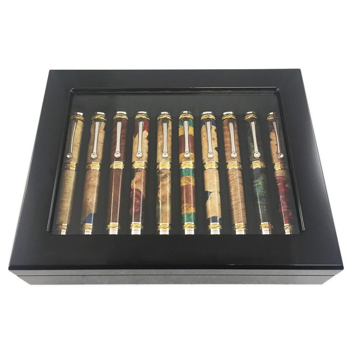 Piano Wooden Pen Display With Glass Top - 10 Pens Display Case ...
