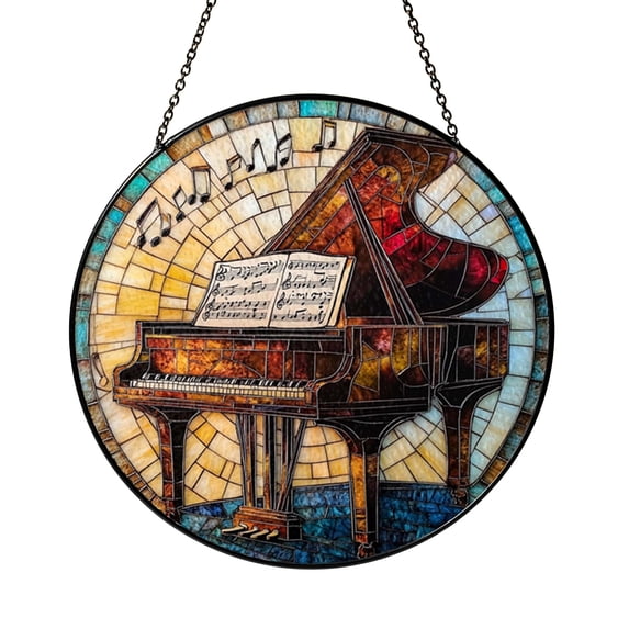 Piano and Musical Notes Stained Glass-Style Window Suncatcher, Real ...