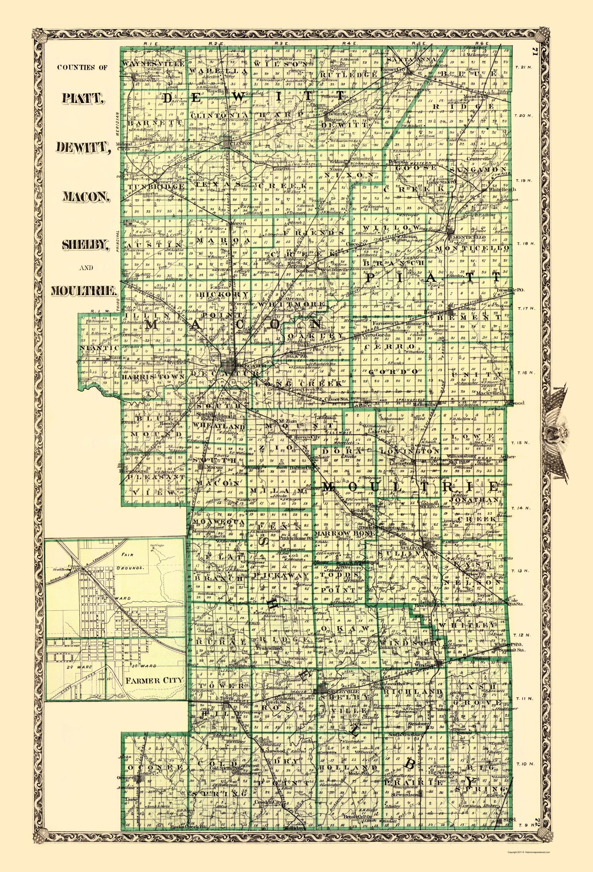 Historic County Map - Piatt Dewitt Macon Shelby Moultrie Counties ...