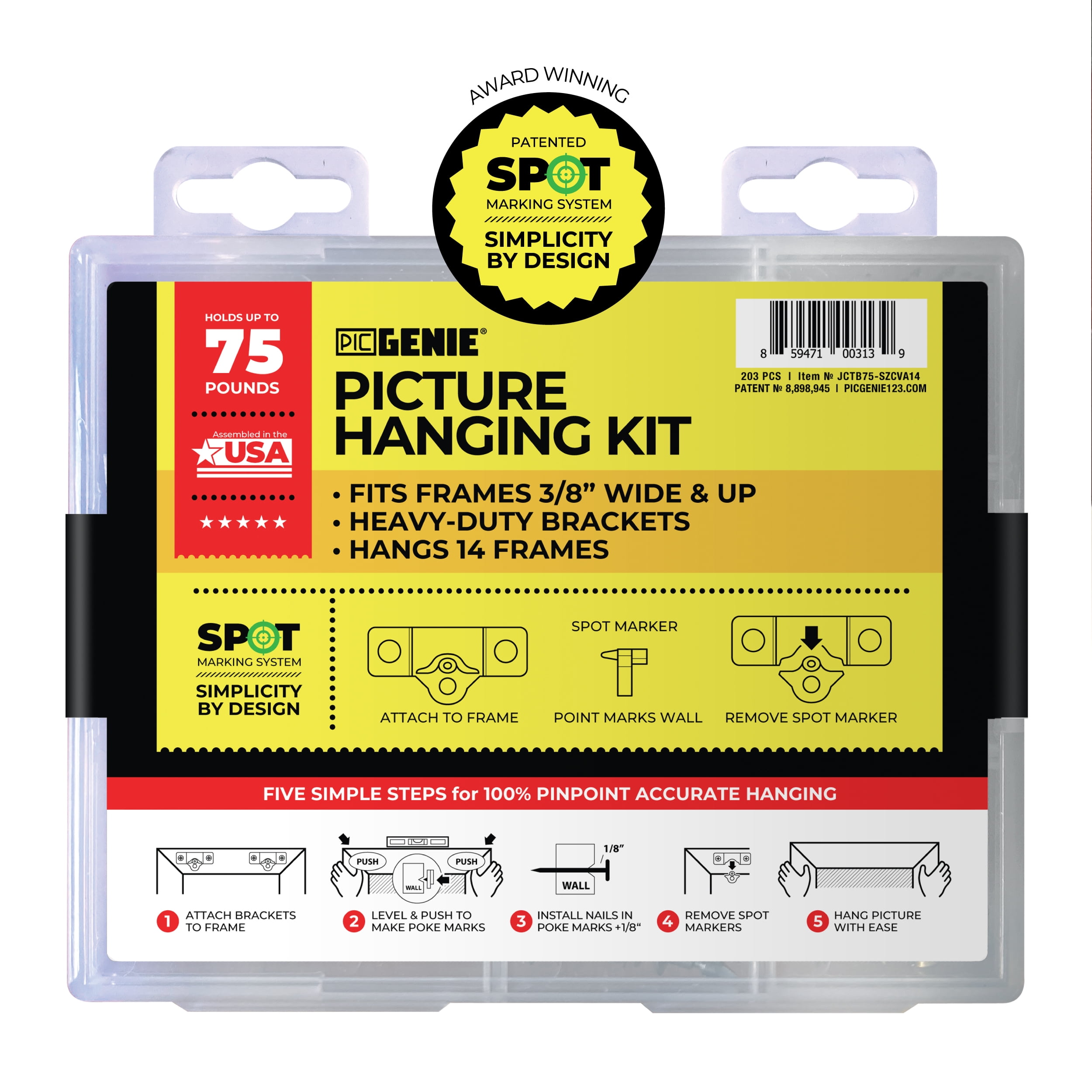 PicGenie 203-Piece Metal Picture Hanging Kit in Tackle Box, Hangs 14 Wooden Frames Up to 75 lbs ...