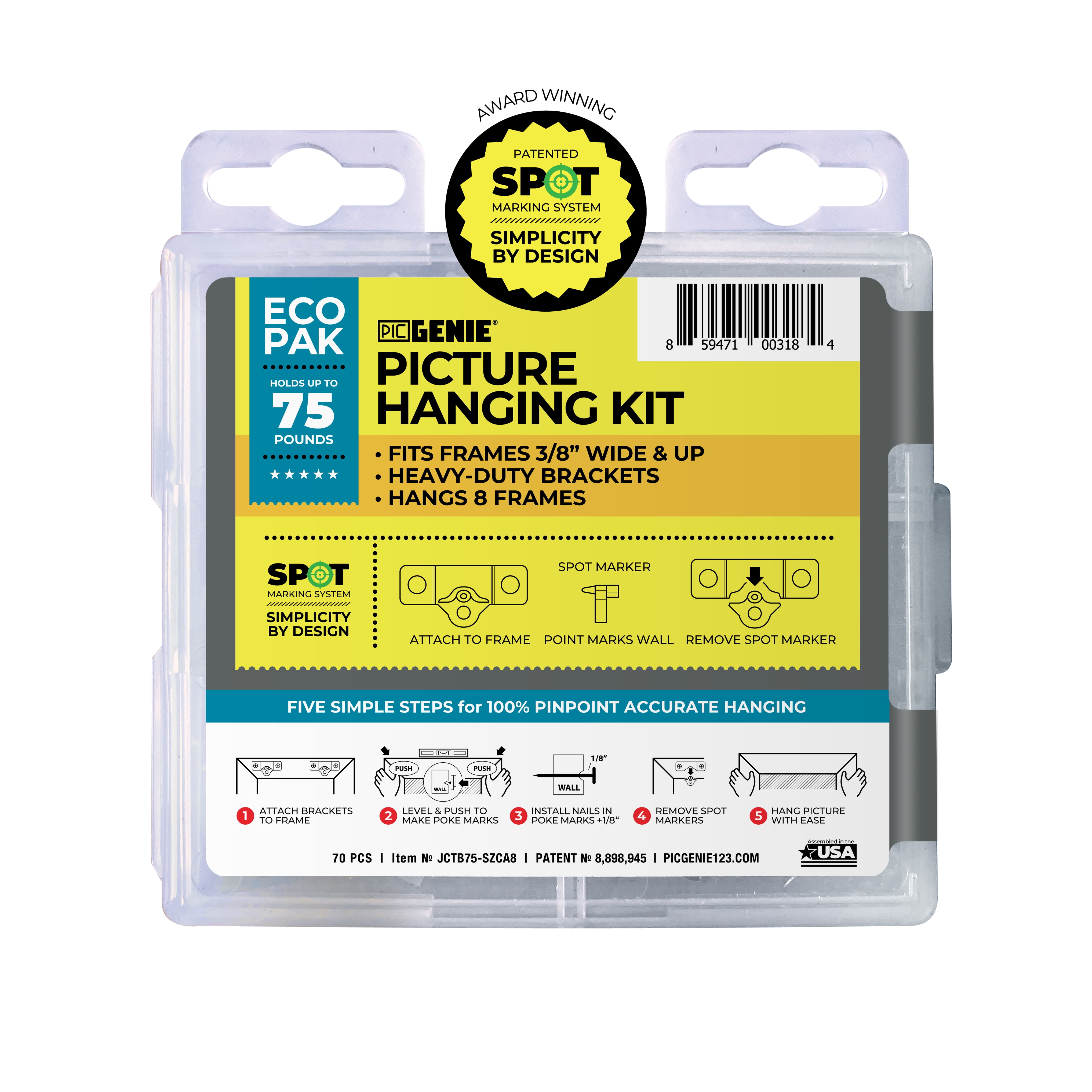 PicGenie 70-Piece Patented Zinc Picture Hanging Kit, Eco Pak, Hangs 8 Wooden Frames Up to 75 lbs ...