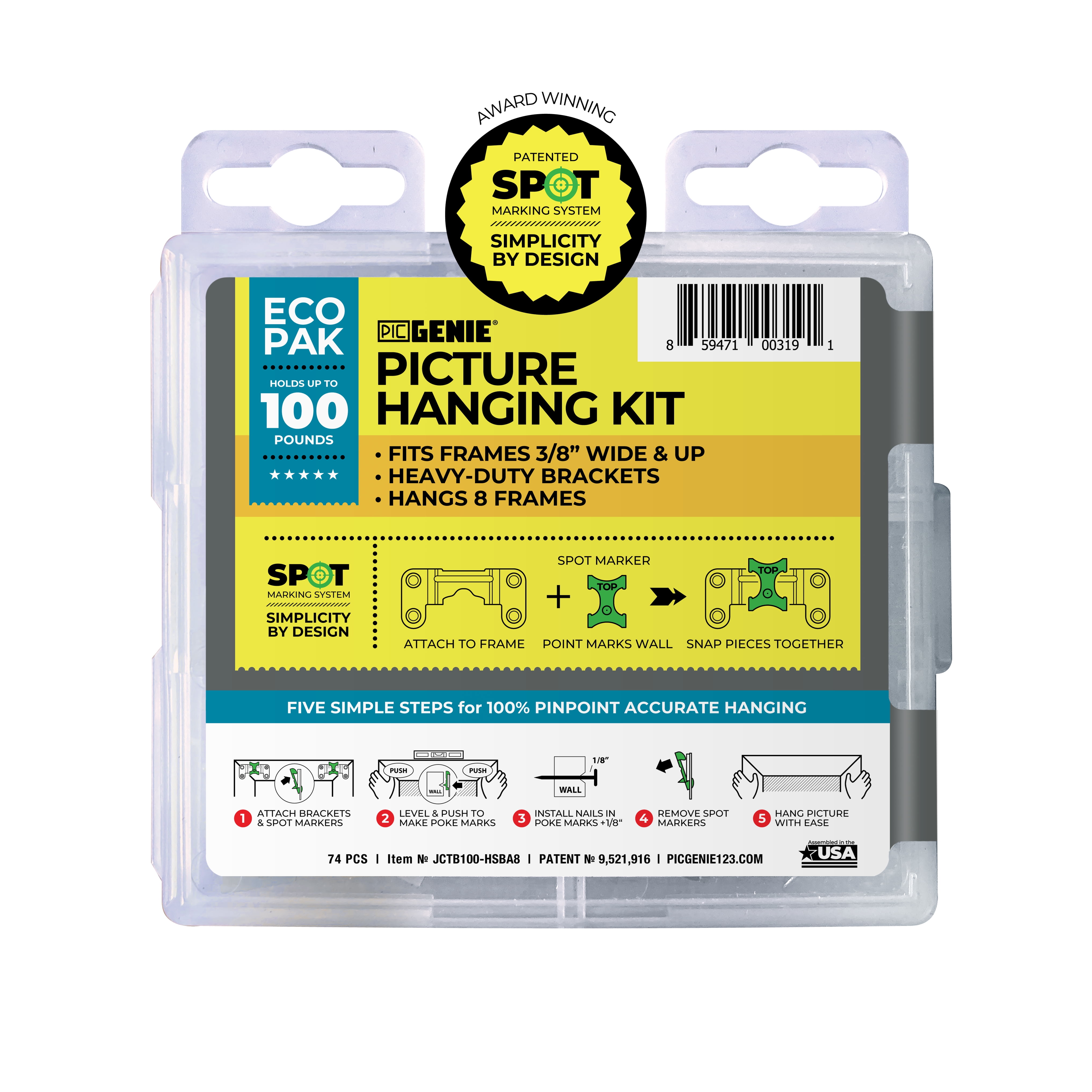 PicGenie 74-Piece Heavy-Duty Steel Picture Hanging Kit, Eco Pak, Hangs ...