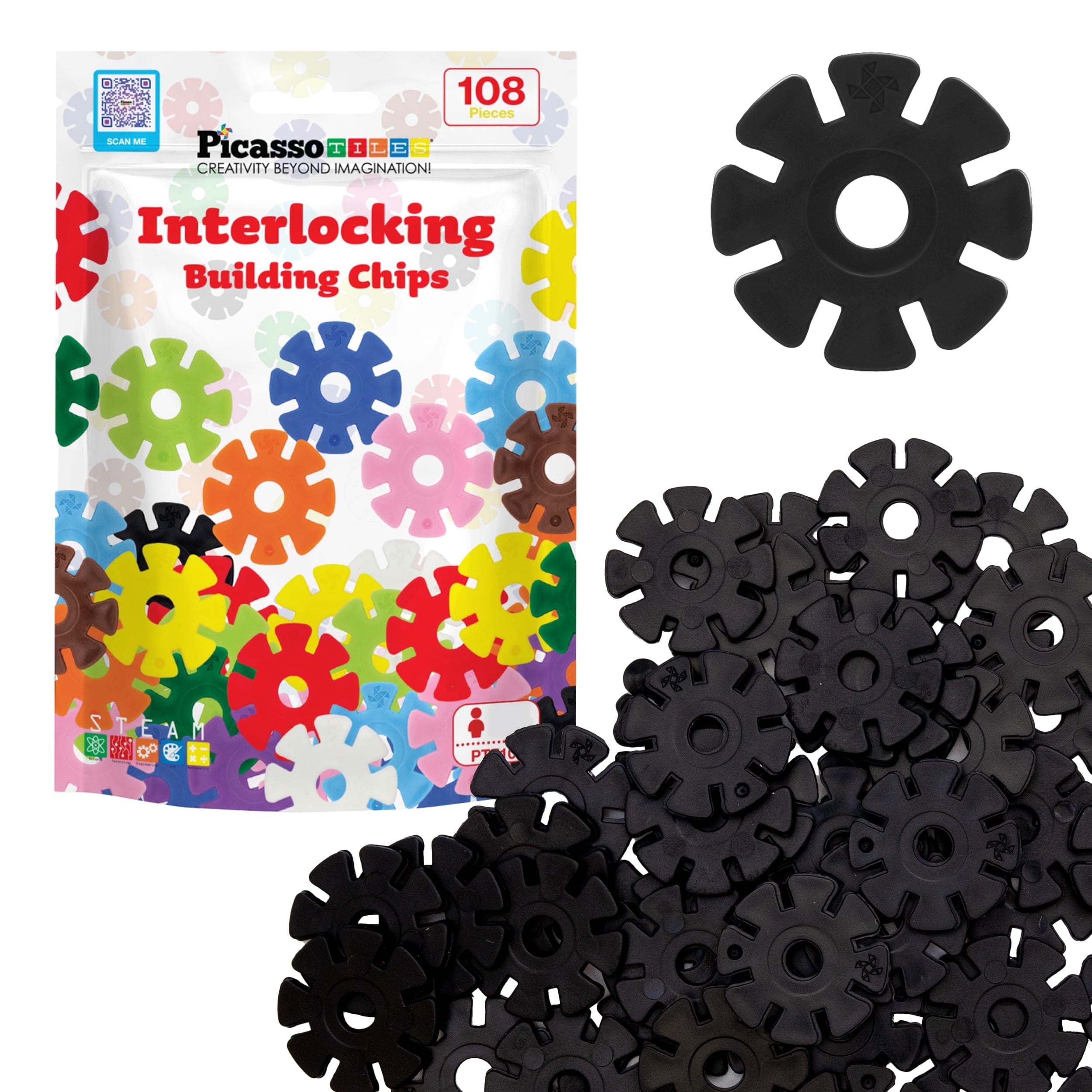 PICASSO-TILES 108-Piece Black Interlocking Plastic Building Chip Blocks ...