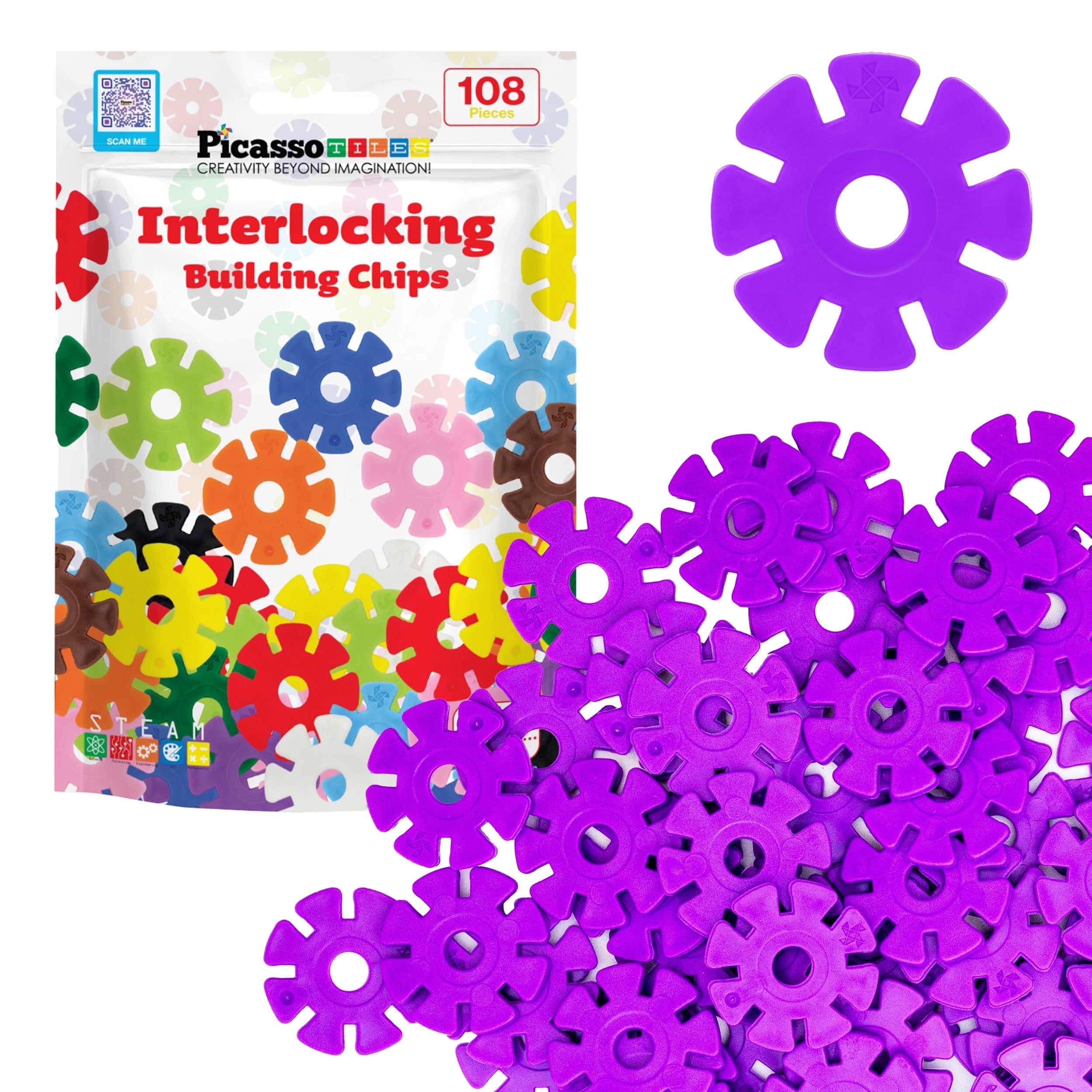 PICASSO-TILES 108-Piece Purple Interlocking Plastic Disc Building Chip ...