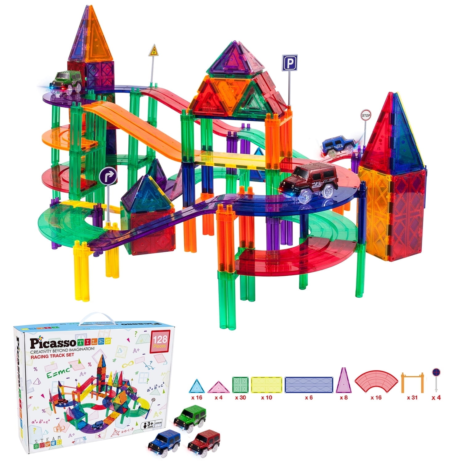 Picasso Tiles 128 PC Magnetic Race Track Play Set, Building Blocks for ...