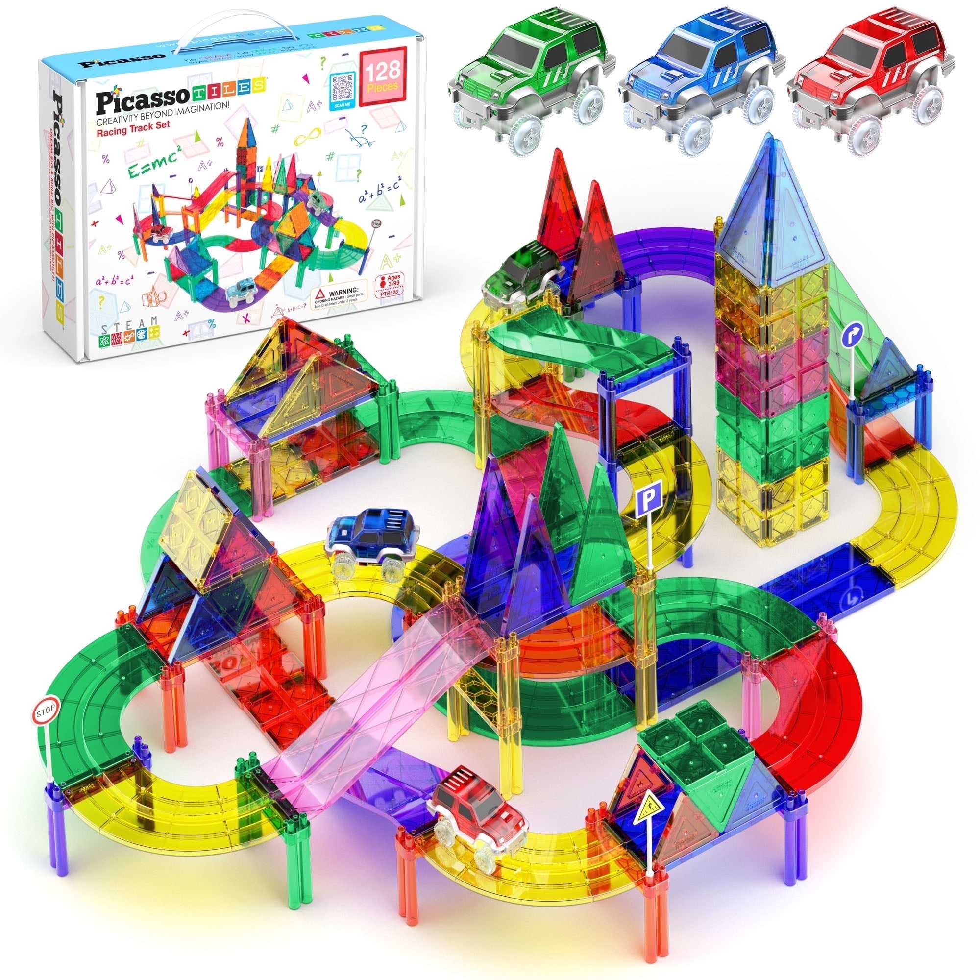 Picasso Tiles 128 PC Magnetic Race Track Play Set, Building Blocks for ...