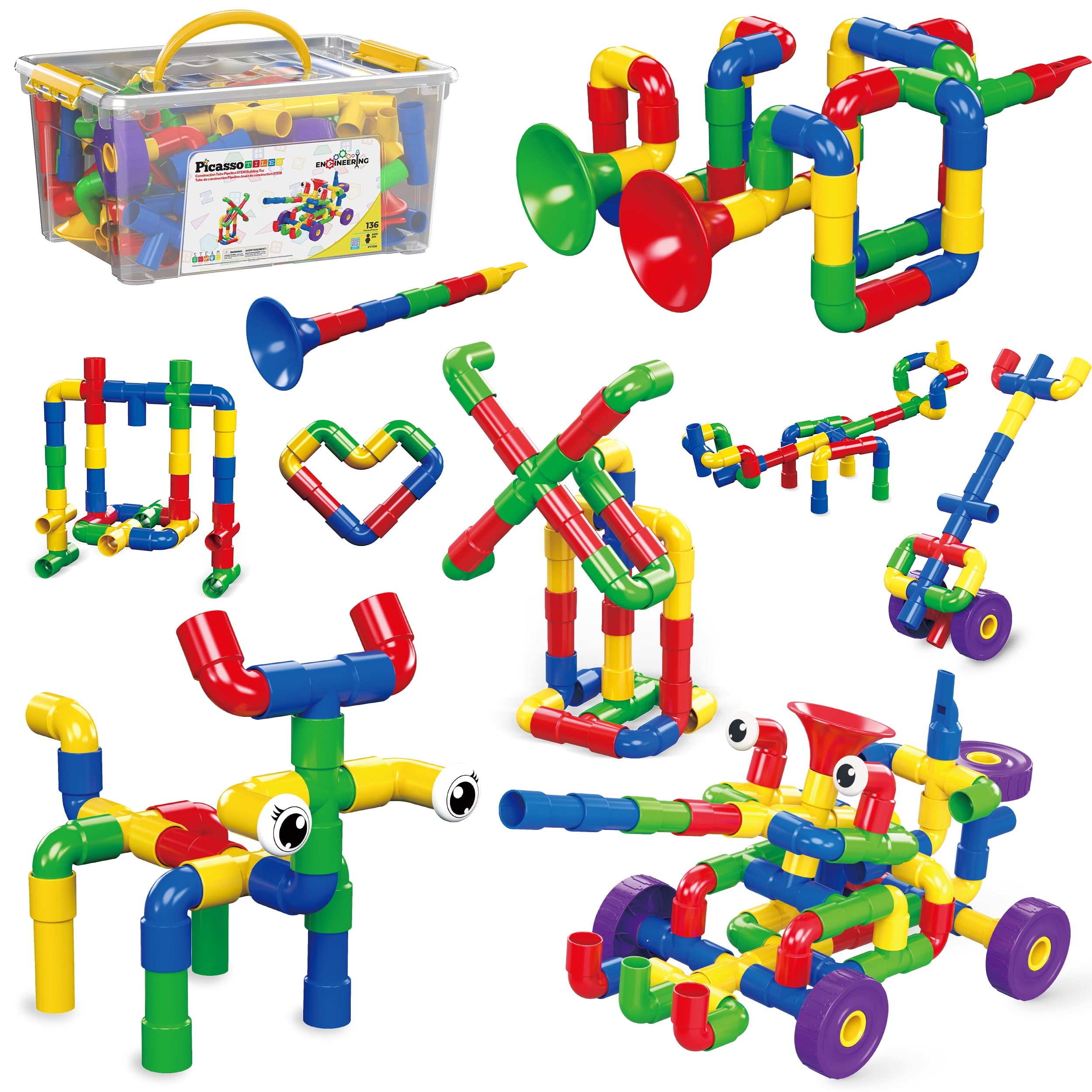 PicassoTiles Educational Blocks Kit, 136 PC Pipe Tube Wheel ...