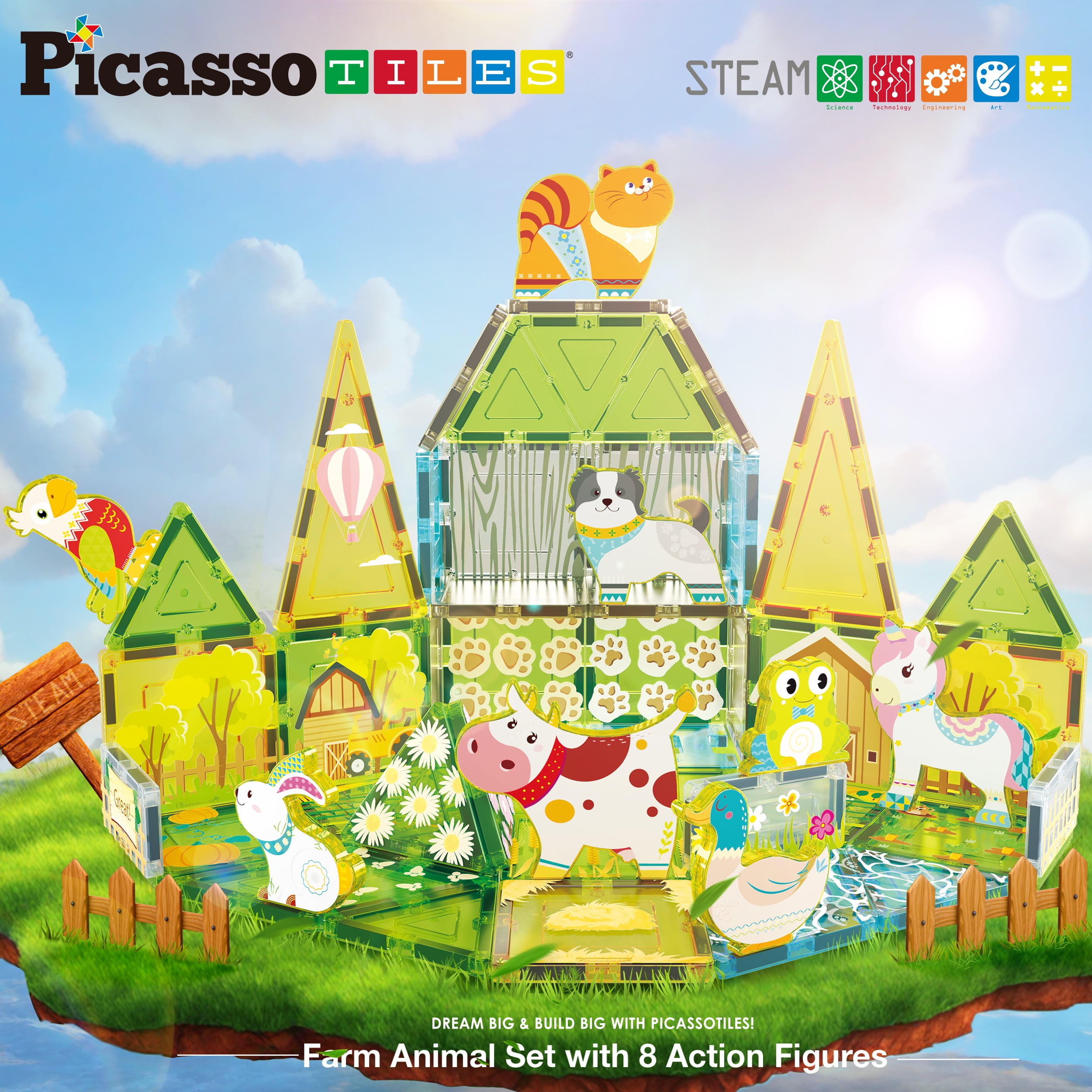 PICASSO TILES, Magnetic Tiles for Kids, 52PCS, Farm Animals Theme ...