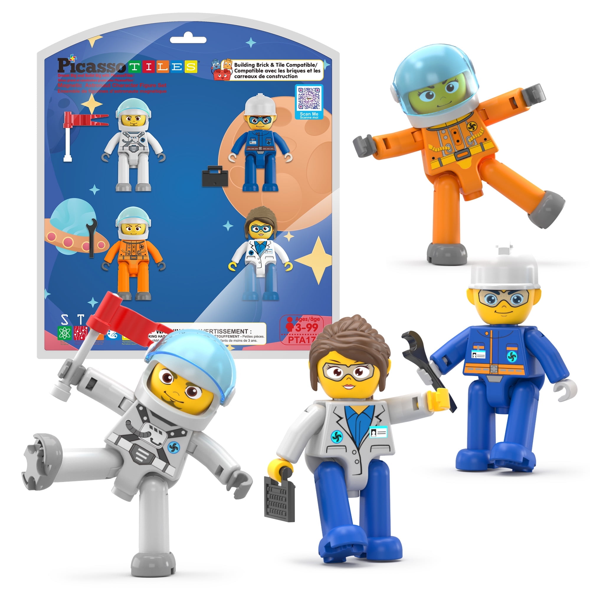 Picasso Tiles Astronaut Character Set, 4 PC Magnetic Building Blocks ...