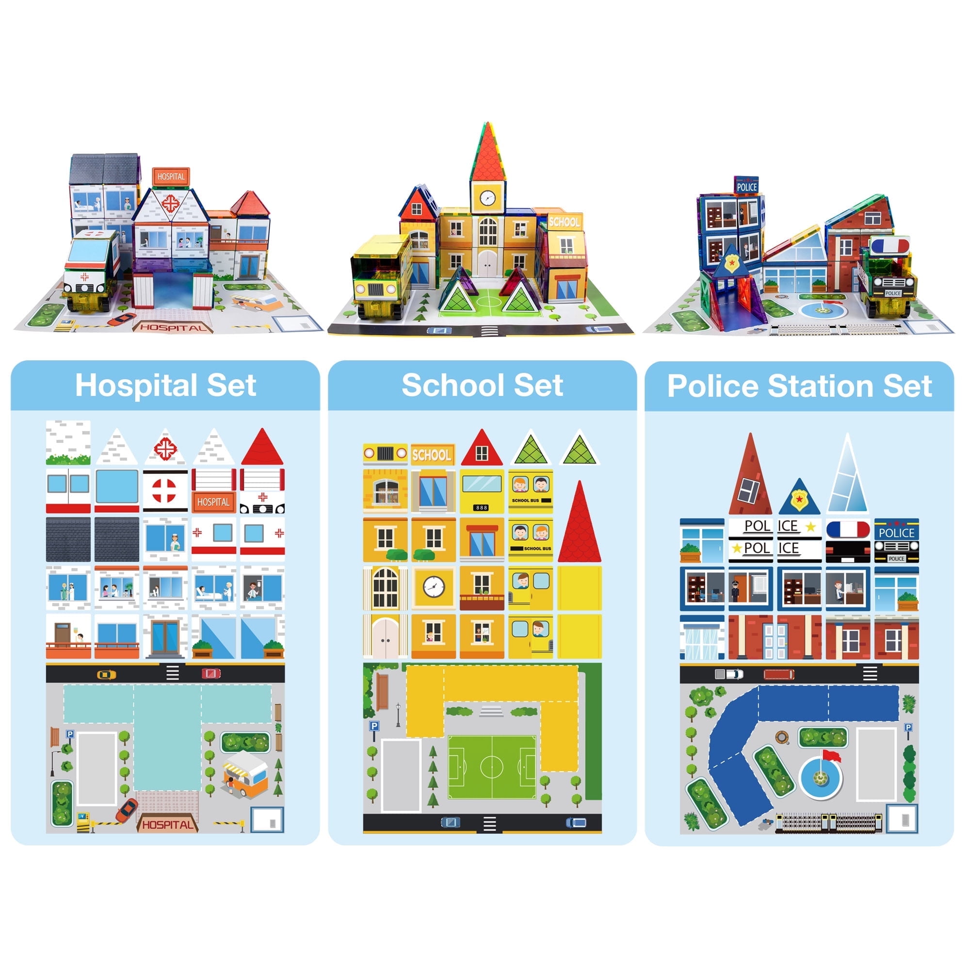 PicassoTiles 80pc Play Set, 3-in-1 School, Hospital, Police Station ...
