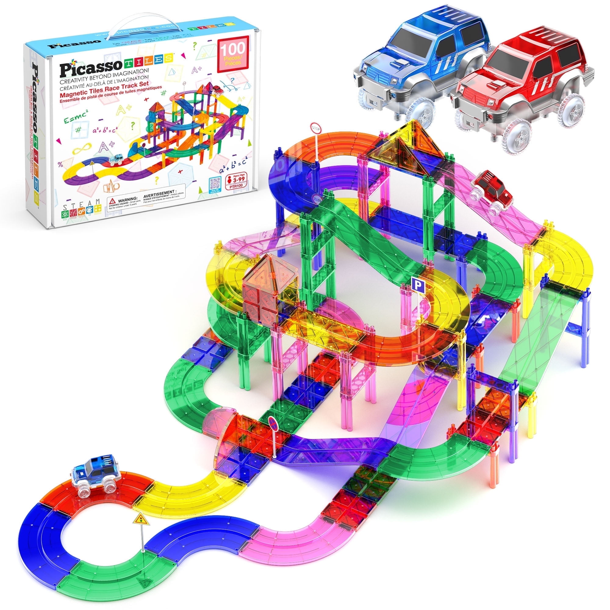 PICASSO TILES, Race Track Magnetic Tiles, 100PCS with 2 Racing Cars ...