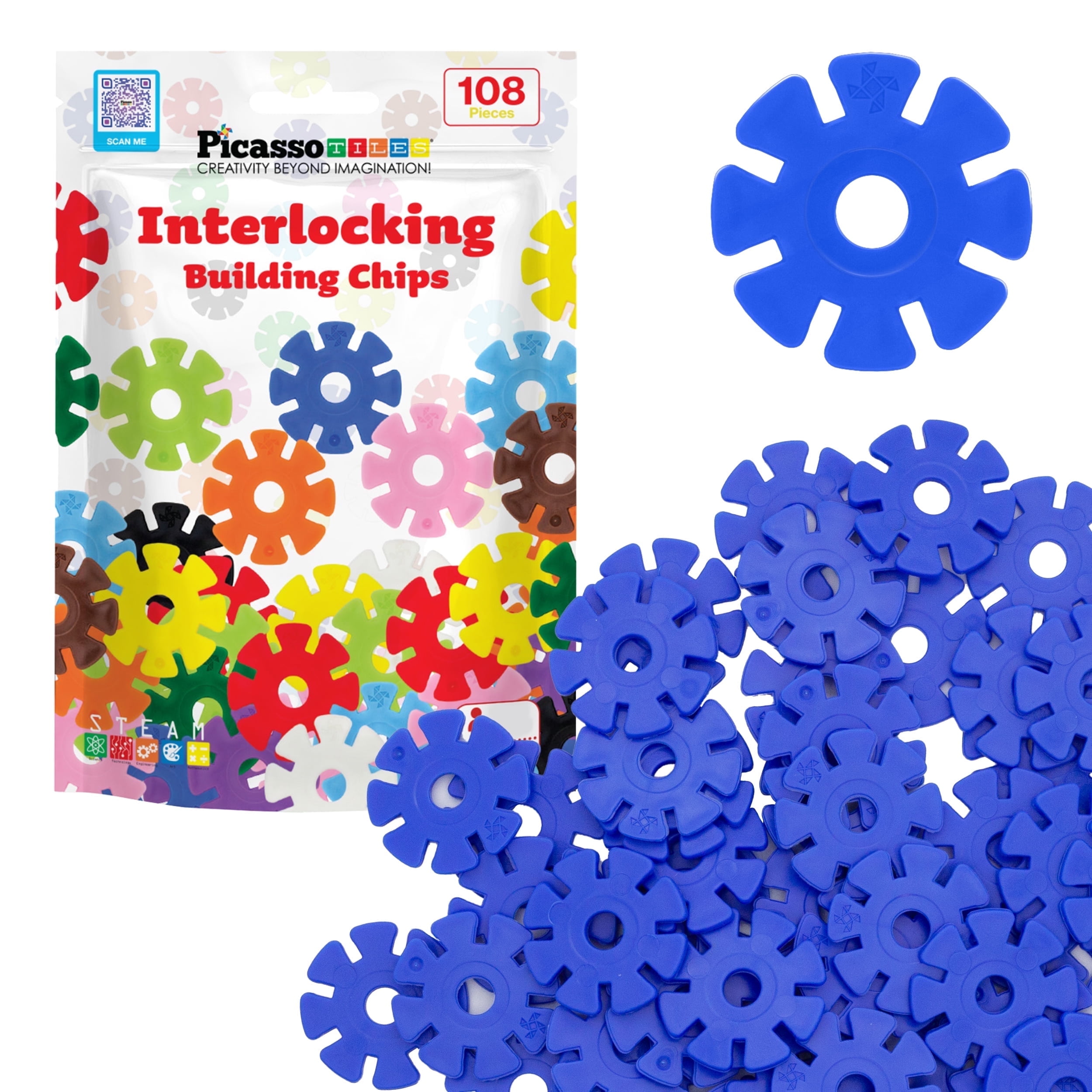 PicassoTiles 108 PC Blue Interlocking Plastic Disc, Building Chip ...