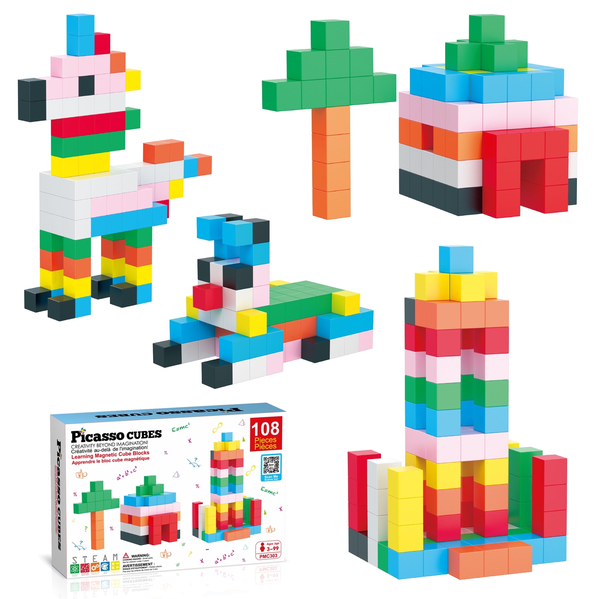 PicassoTiles 108PCS 1.2" Magnetic Cube Building Blocks, STEM Educational Construction & Sensory ...