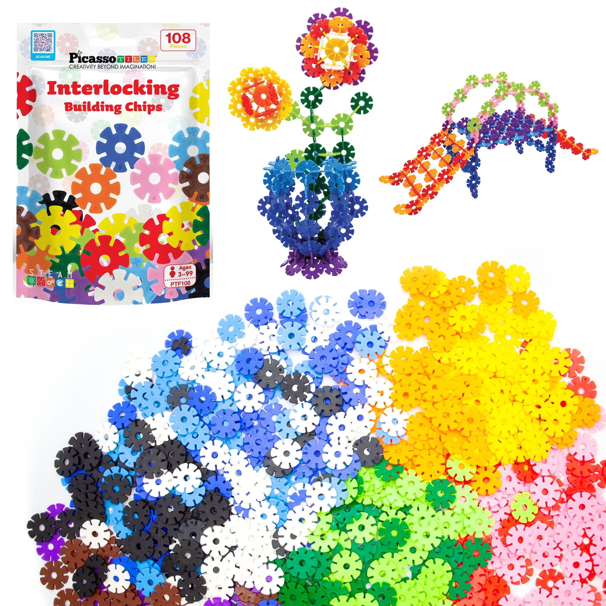 PicassoTiles 108-Piece Rainbow Interlocking Plastic Building Chip ...