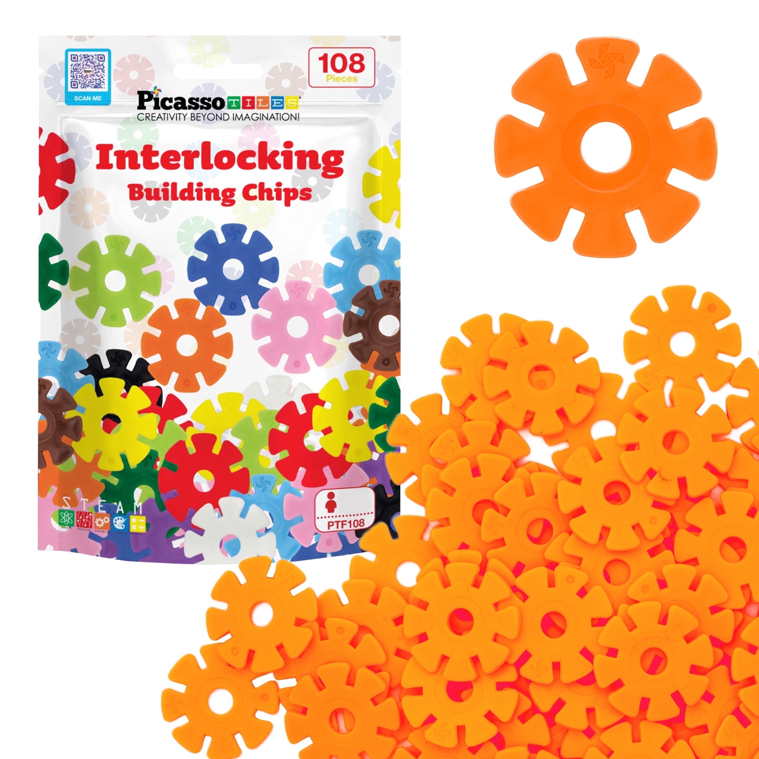 PICASSO-TILES 108-Piece Orange Interlocking Plastic Disc Building Toy ...