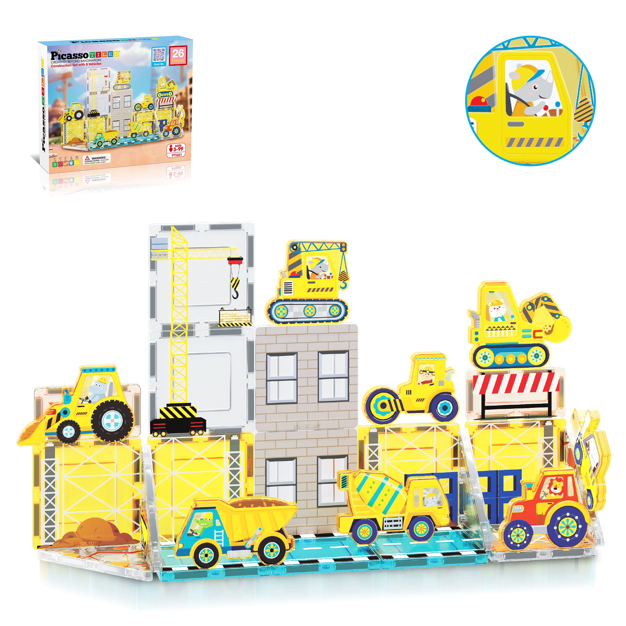 PicassoTiles 26 PC Construction Themed, Magnetic Tiles, Magnetic ...