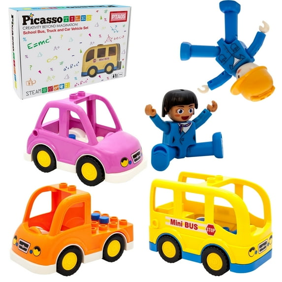 PicassoTiles Magnetic Blocks 5 Piece Vehicle and Action Figure Set ...