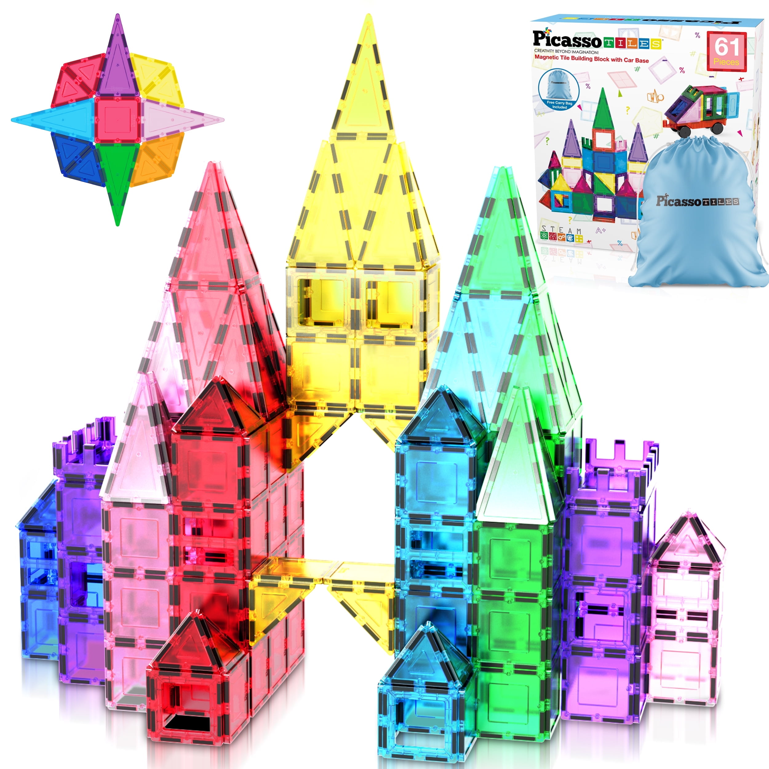 PicassoTiles 61 PC Magnetic Building Blocks for Kids, STEM Learning ...