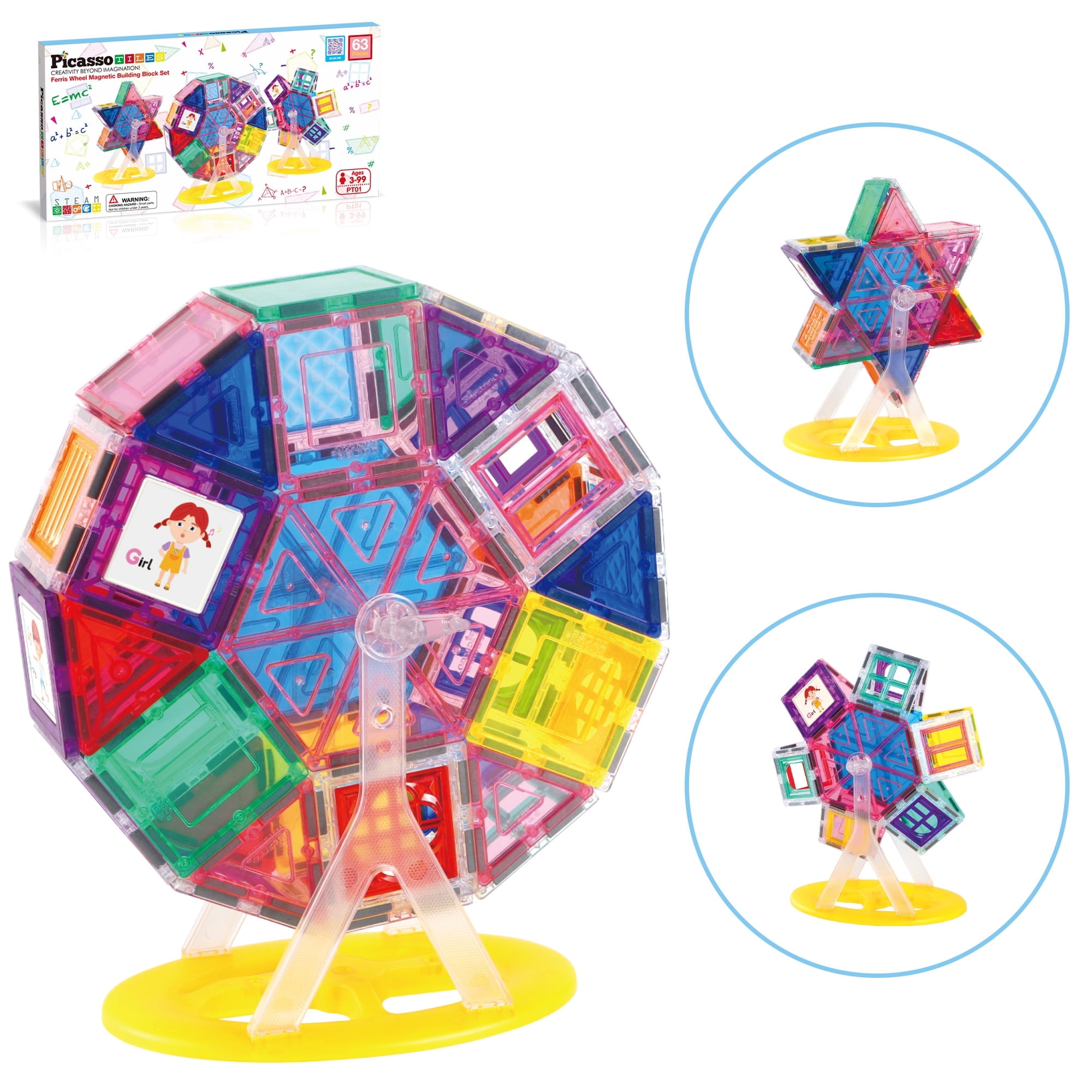 PicassoTiles 63-Piece Ferris Wheel Magnetic Building Blocks Set for ...