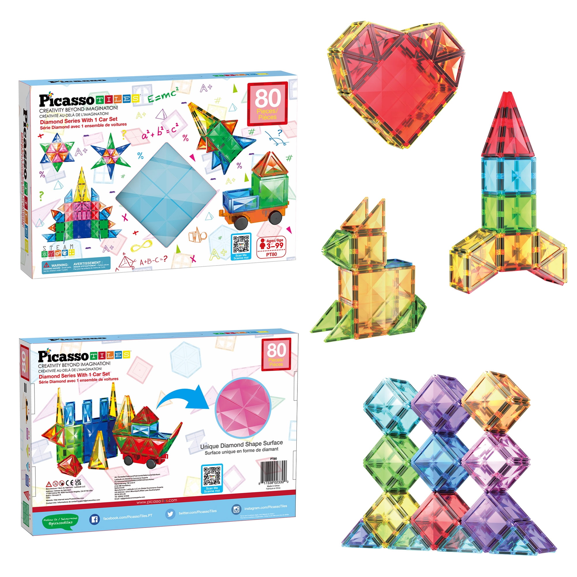 PicassoTiles 80pc Magnetic Building Blocks Set, Play Toys for Kids 3 ...