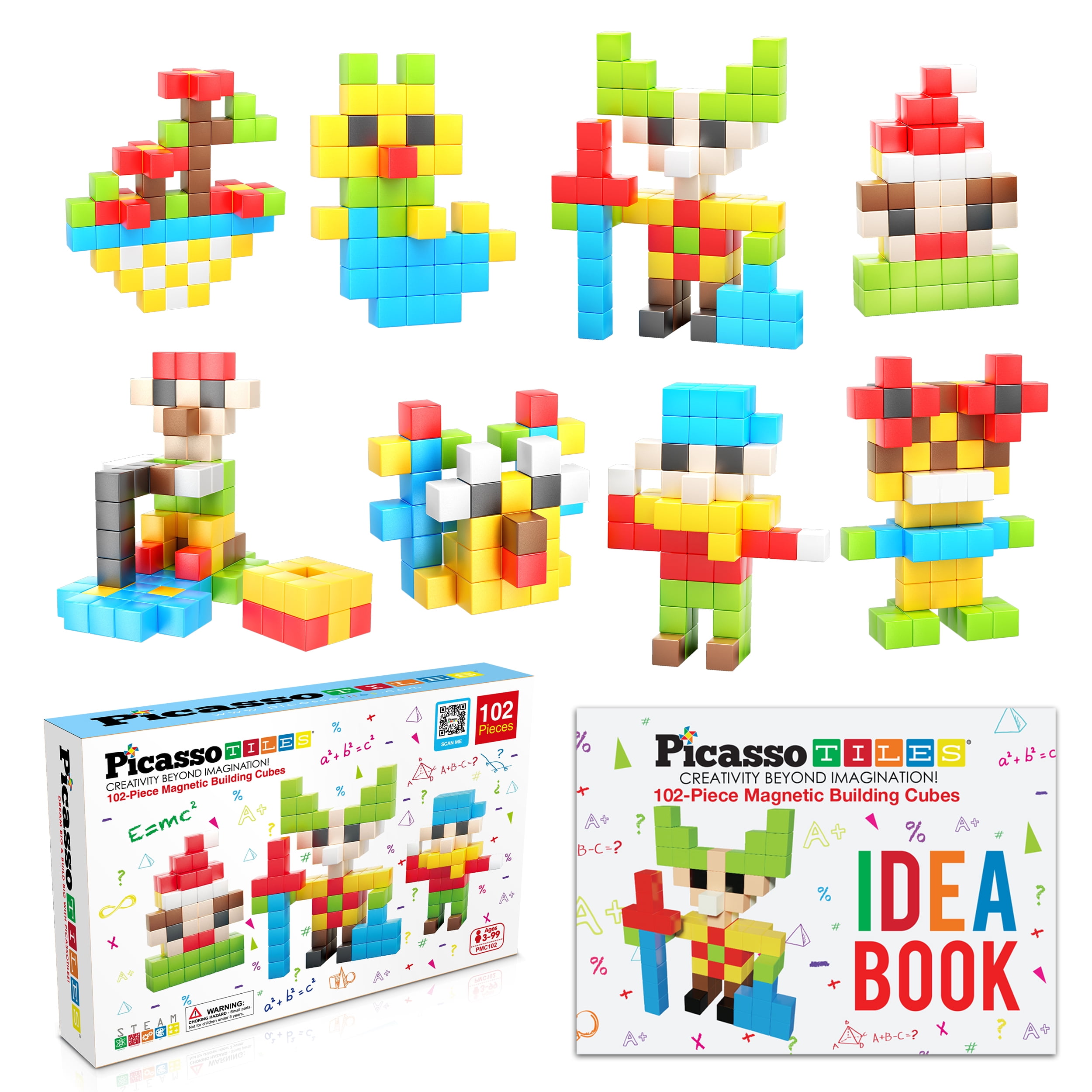 PicassoTiles Kids Pixel Magnetic Puzzle Cube 102pcs Mix & Match Cubes with Idea Book Sensory ...