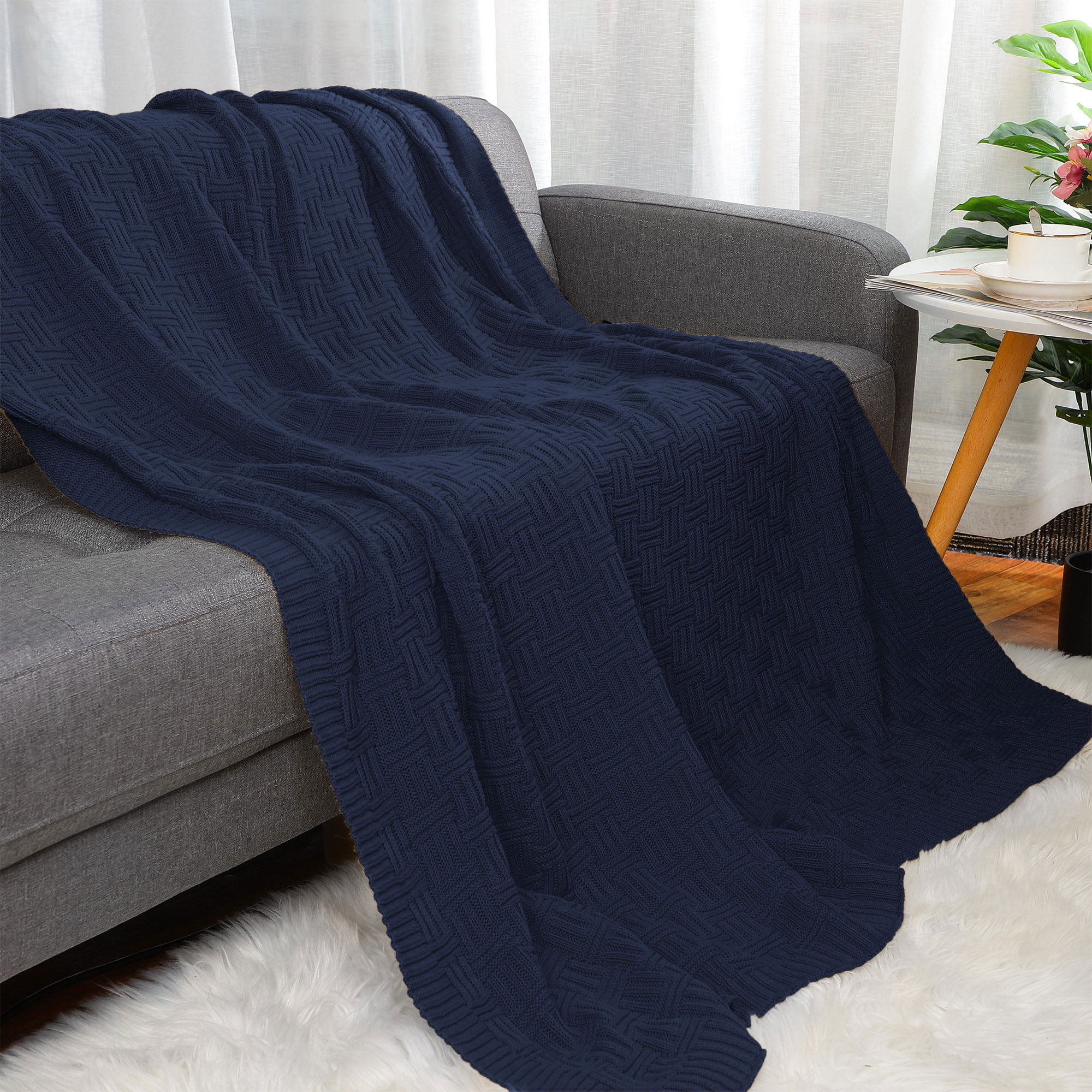 PiccoCasa 100% Cotton Cross Cable Knit Throw Blanket For Sofa Couch Bed ...