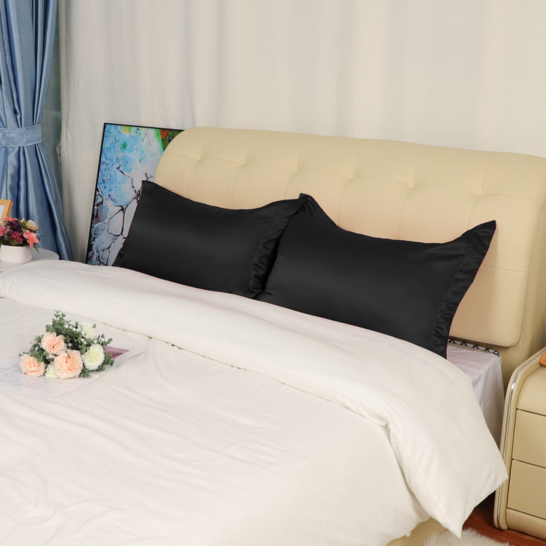 PiccoCasa 2 Pack Satin Pillow Shams with Envelope Closure, Black ...