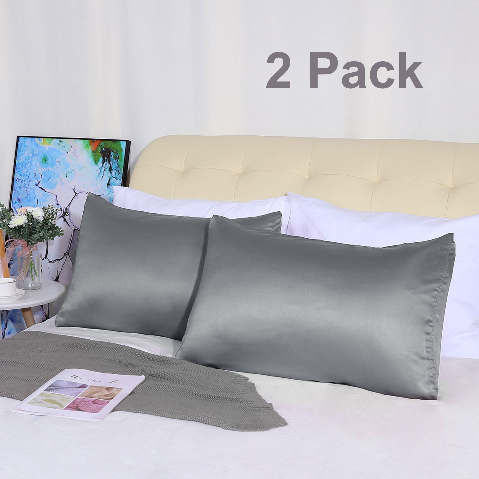 PiccoCasa 2 Pack Soft Silky Satin Envelope Pillowcases, King Grey ...