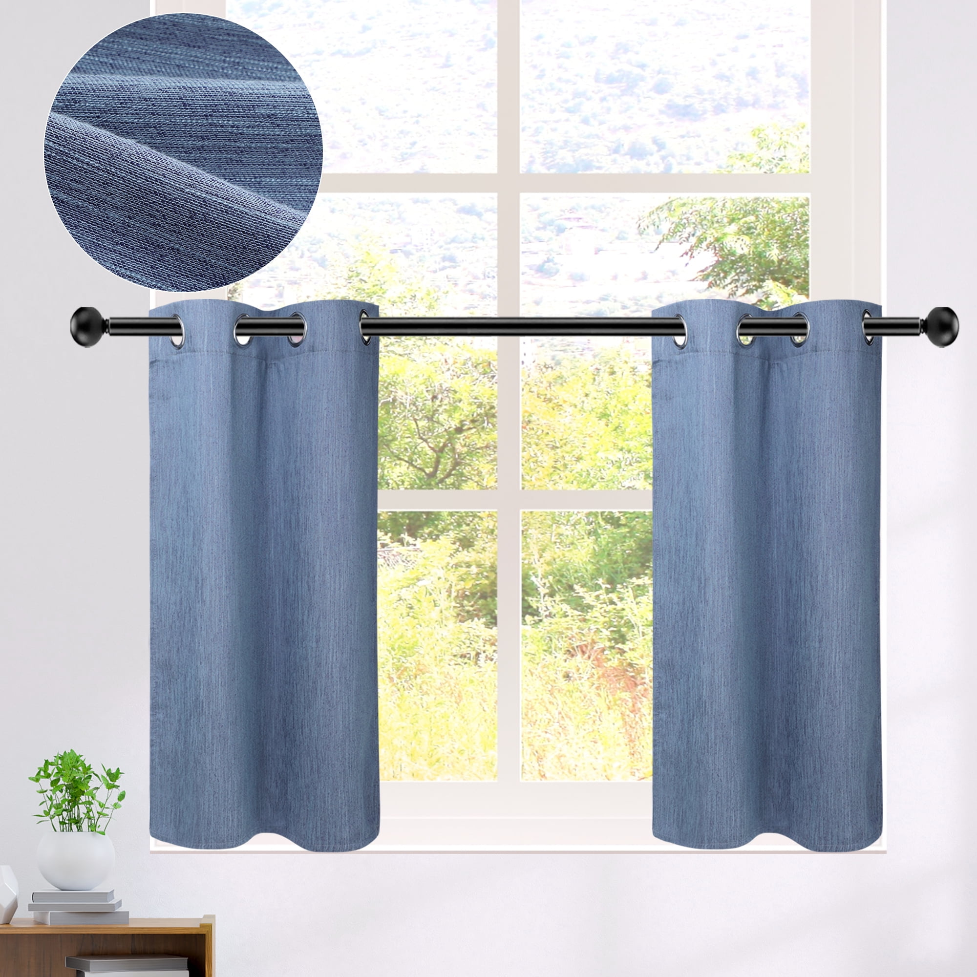 PiccoCasa Kitchen Linen Look Blackout Curtains, 2 Panels, Steel Blue ...