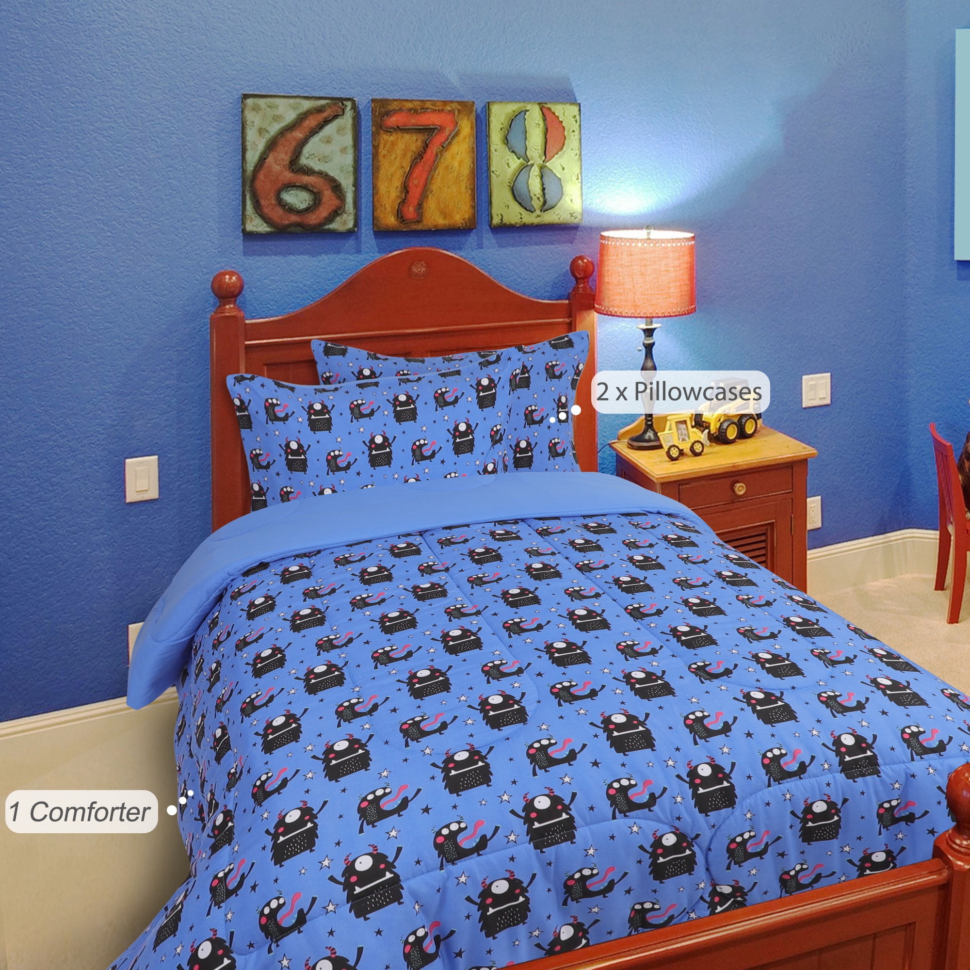 PiccoCasa 3 Piece Full Size Kid's Comforter Sets Small Monster Pattern ...